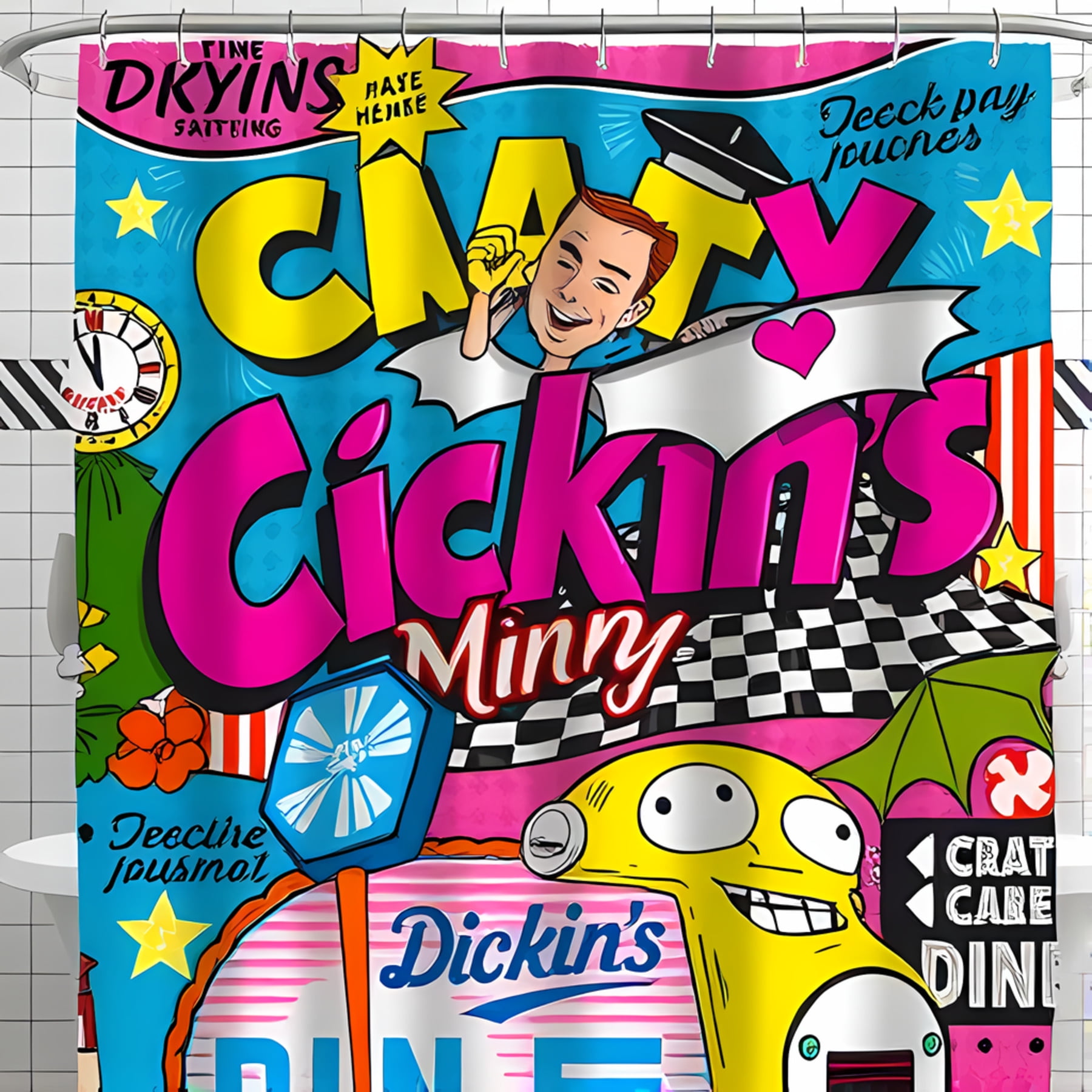 Vibrant Cartoon-Inspired Shower Curtain with Playful ' Cickins Minny ...