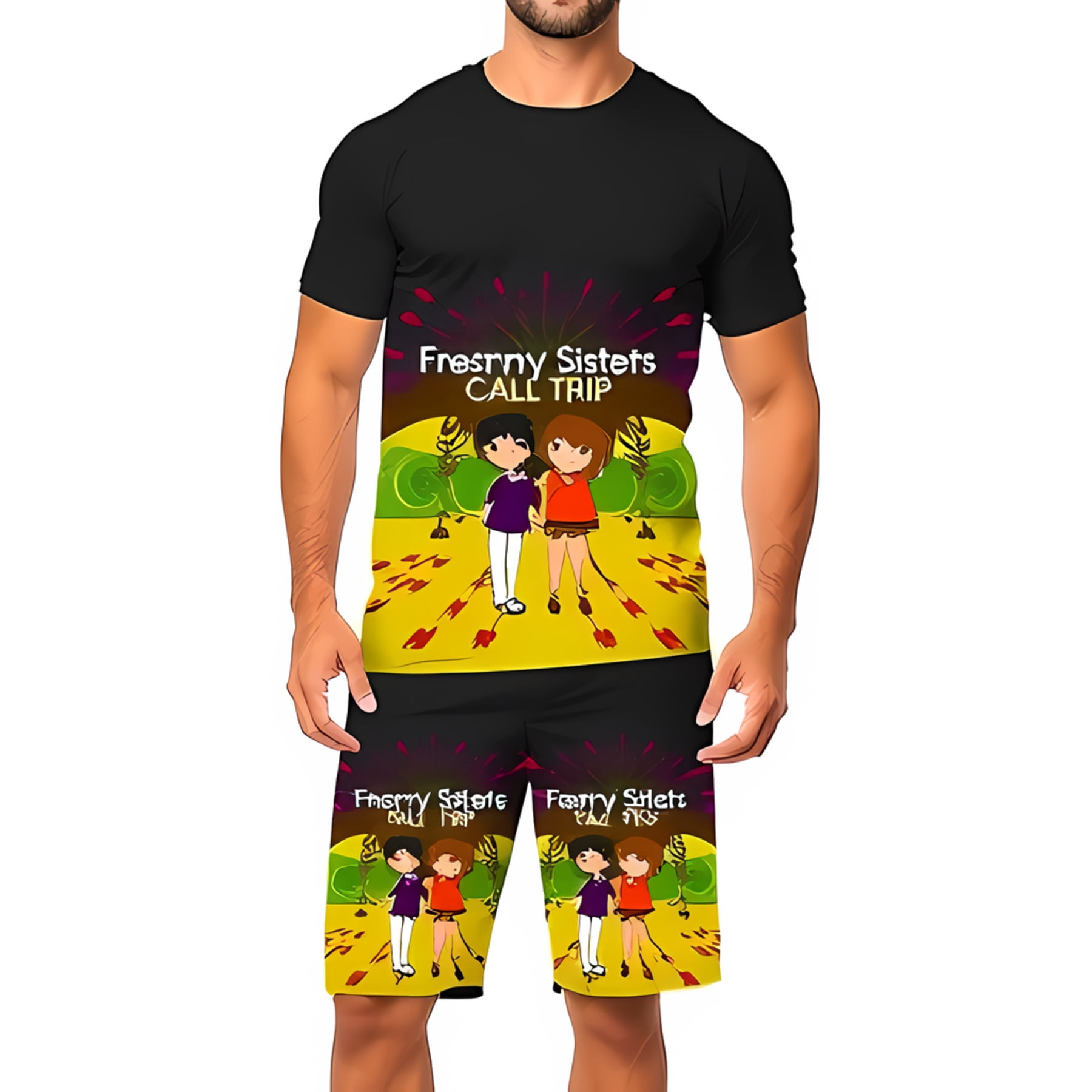 Vibrant Cartoon Print T-Shirt and Shorts Set for Men - 'Fresny Sisters ...