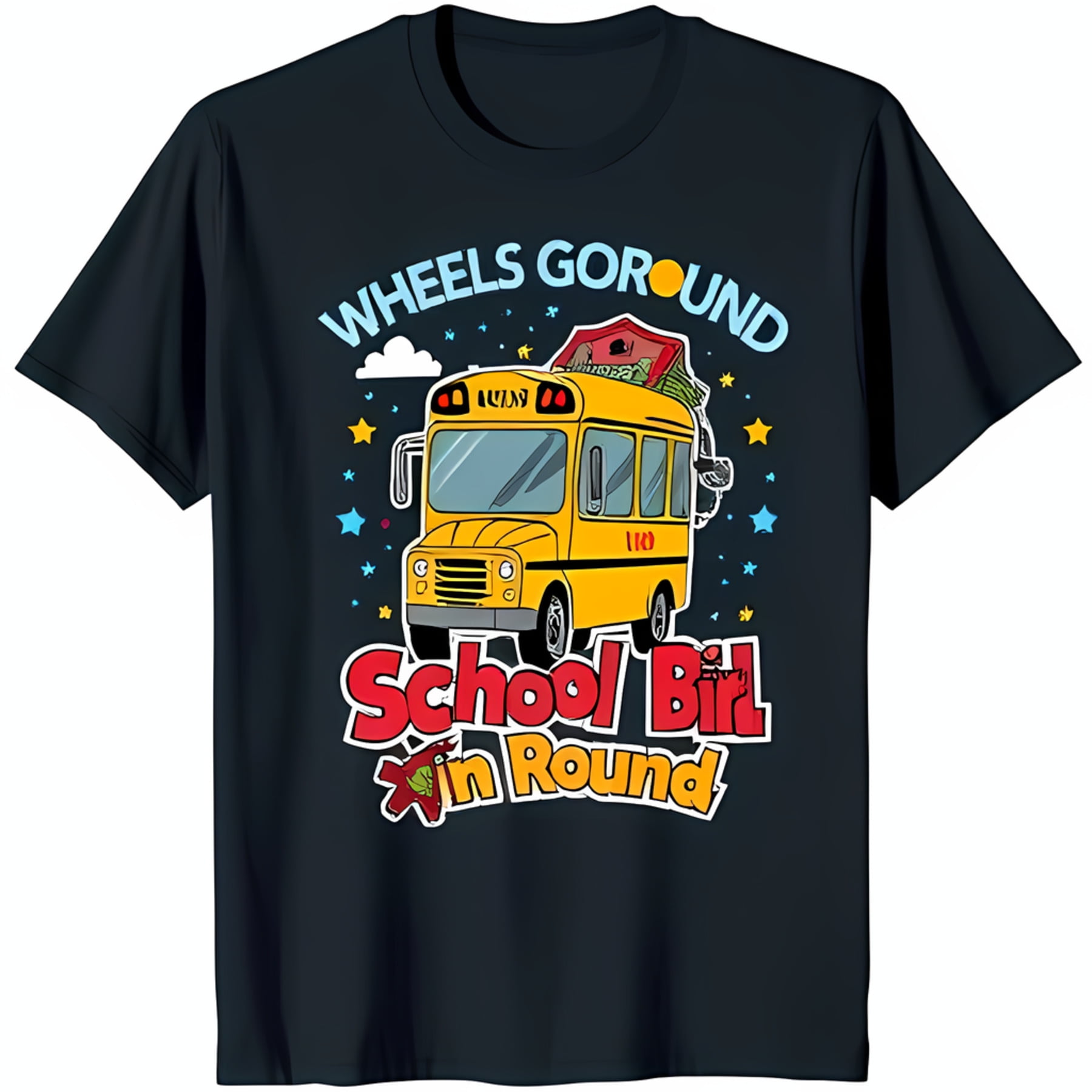 Vibrant Cartoon School Bus Graphic on Black T-Shirt for Fun & Playful ...