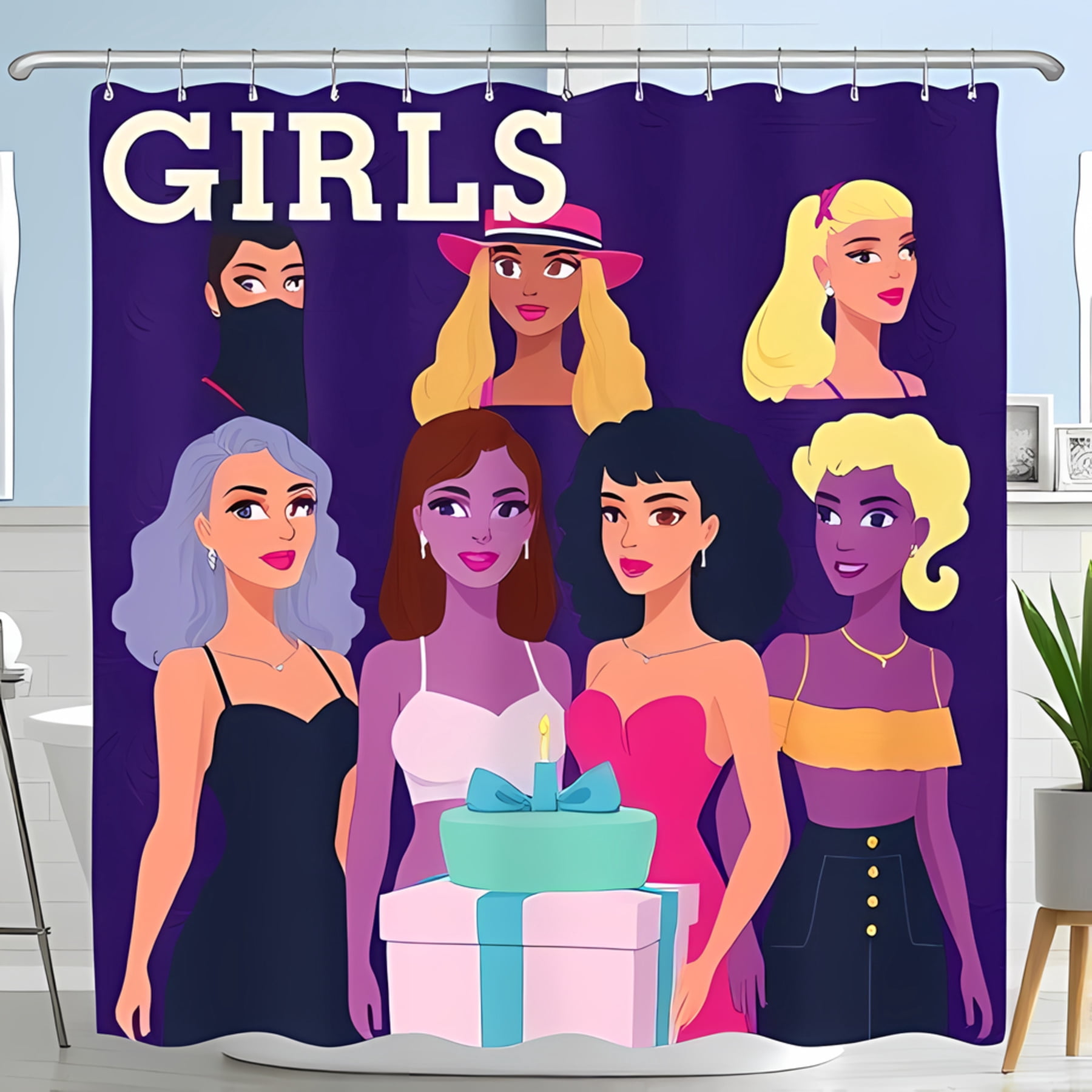 Vibrant Cartoon Shower Curtain with Diverse Girls Celebrating Around ...