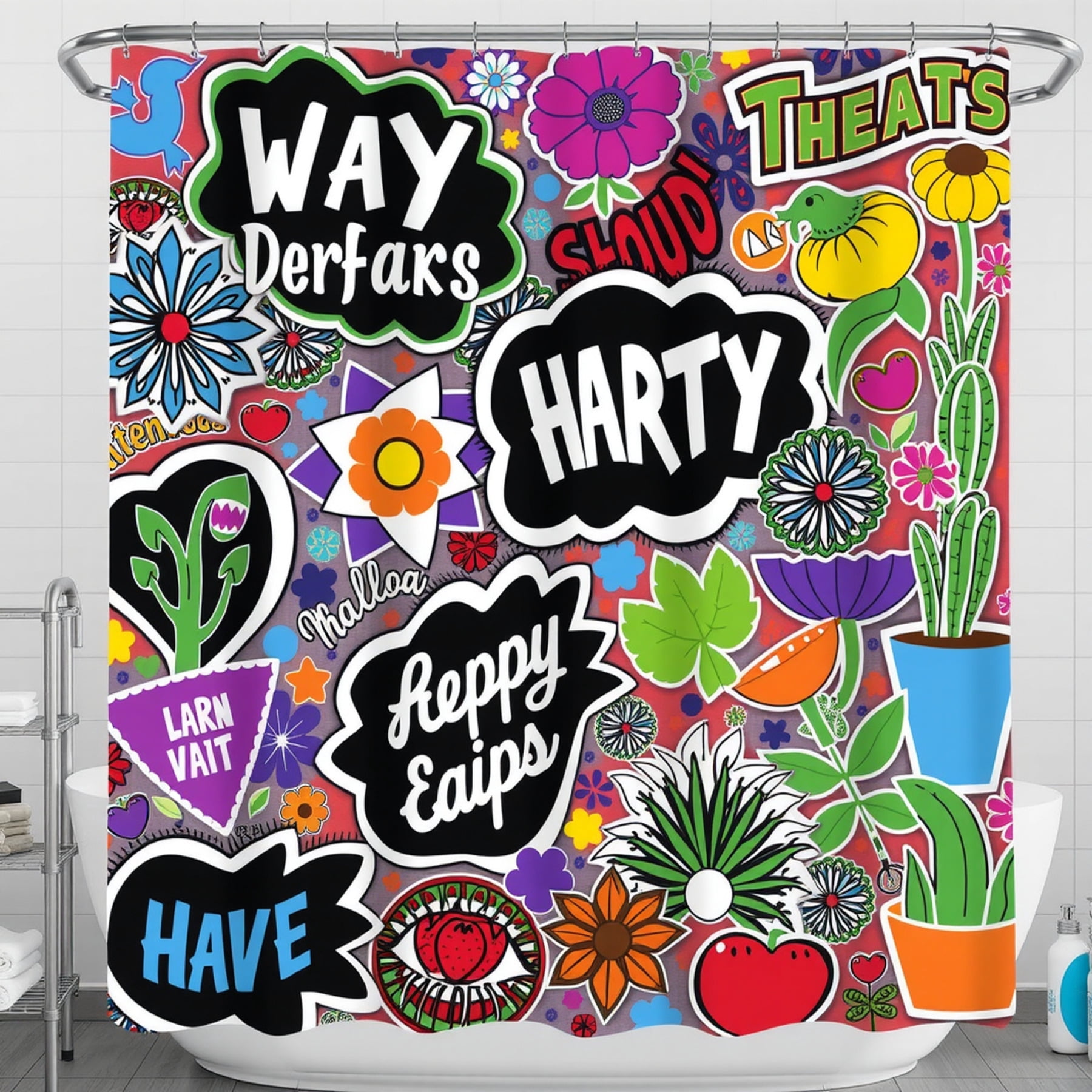 Vibrant Cartoon Shower Curtain with Fun Stickers & Bold Speech Bubbles ...