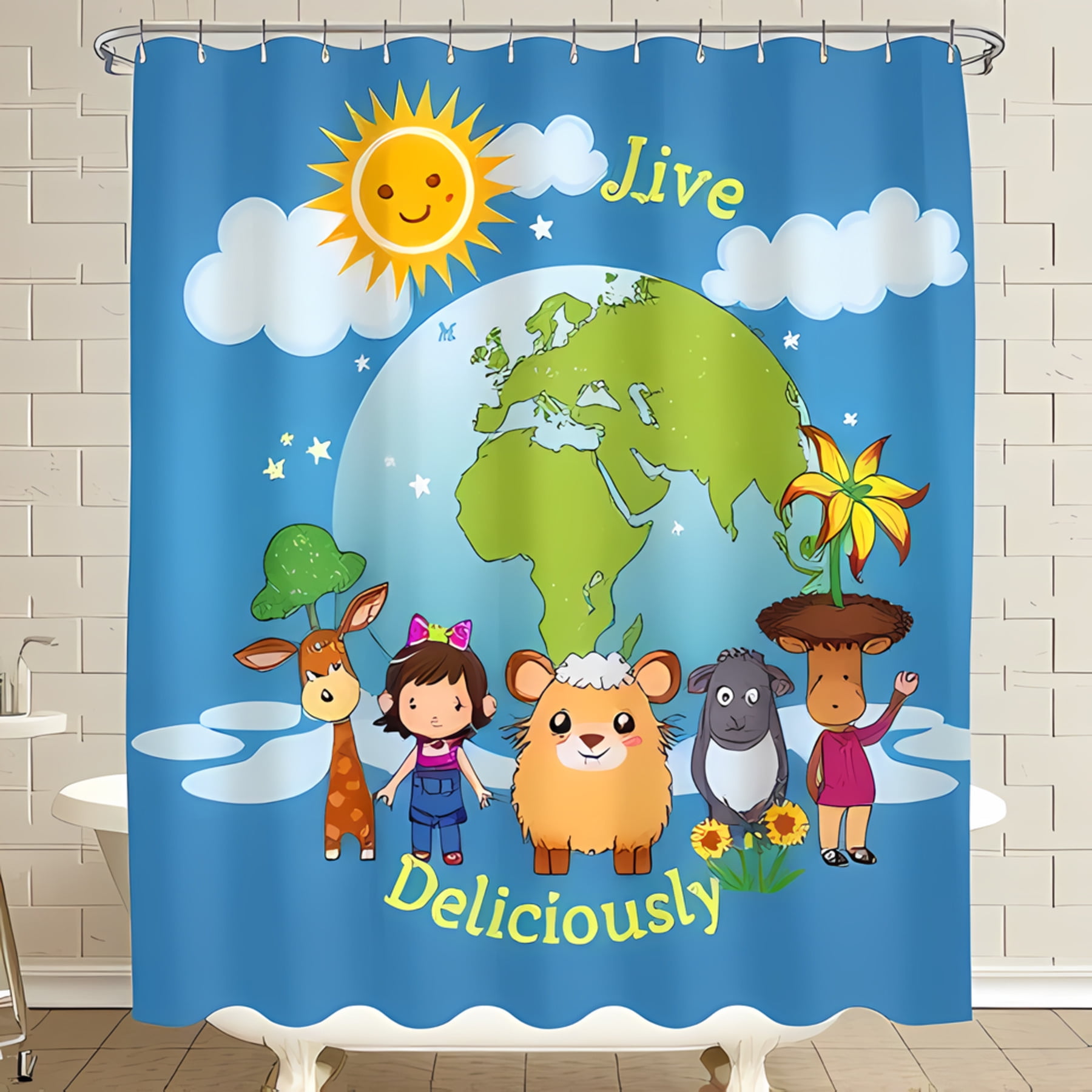 Vibrant Cartoon Shower Curtain with Smiling Sun Globe and Cheerful ...