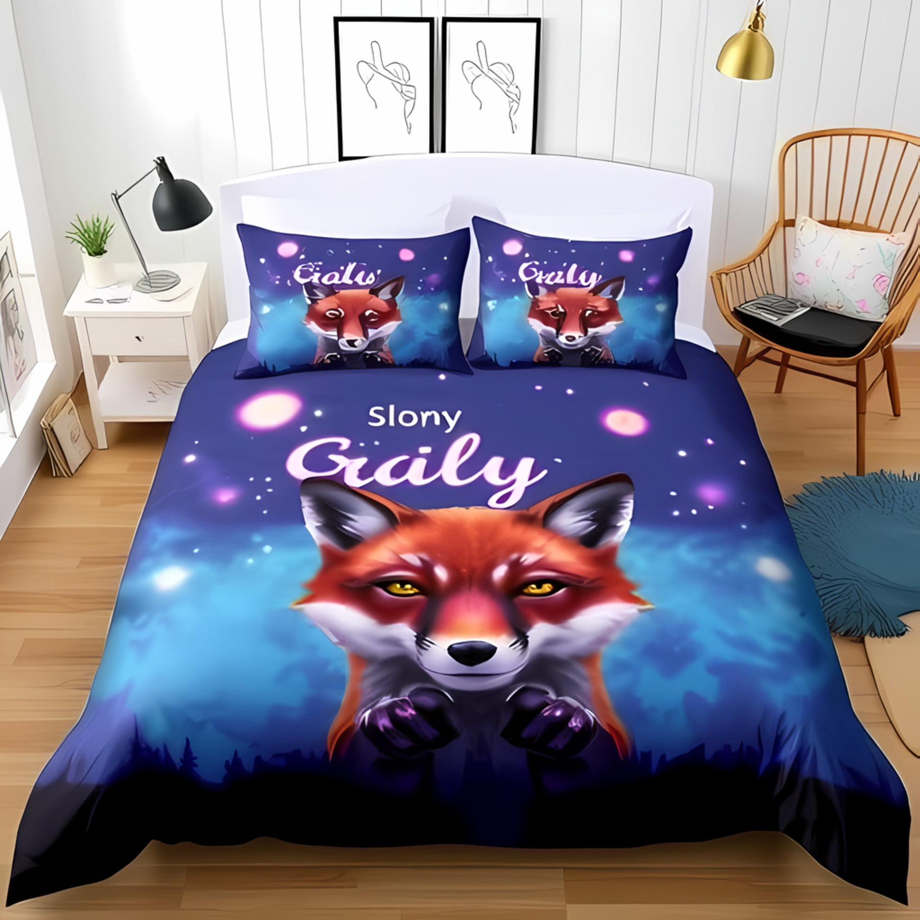 Vibrant Cartoon-Style Red Fox Bedding Set Starry Night Duvet Cover ...