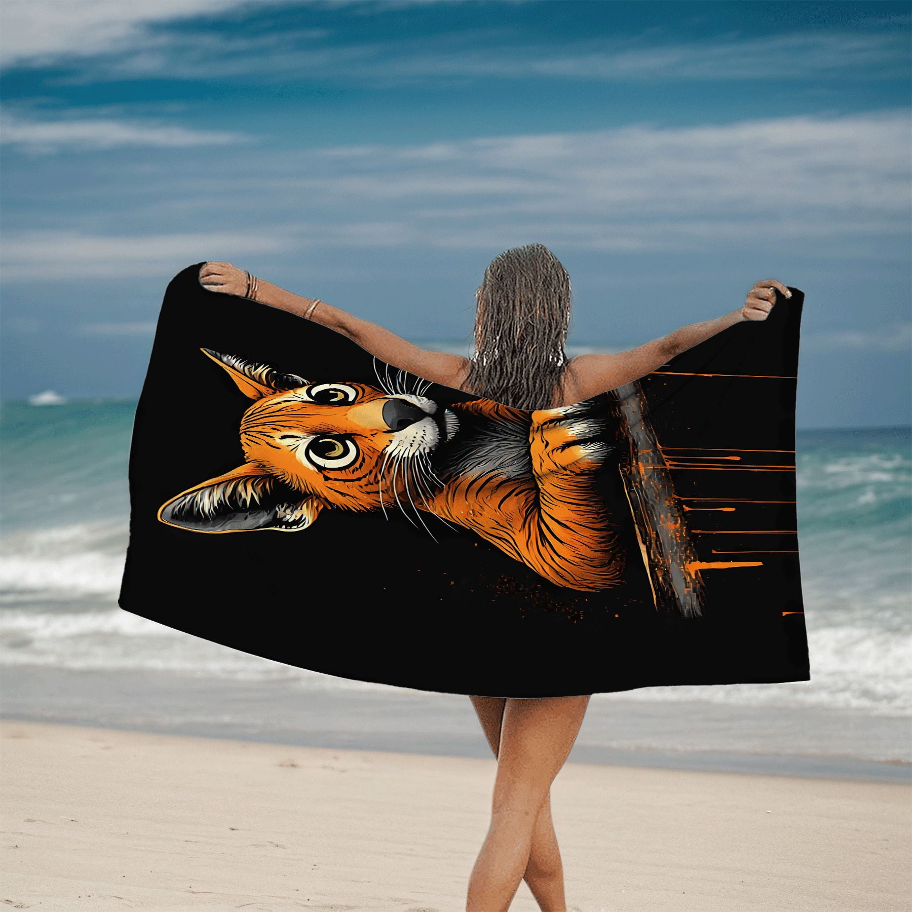 Vibrant Cartoon Tiger Cub Beach Towel - Playful Design with Expressive ...