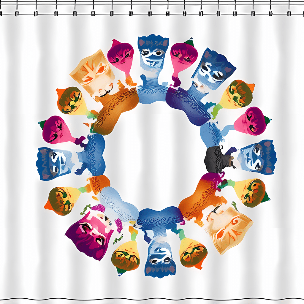 Vibrant Cat-Like Creatures Shower Curtain - Whimsical Circular Design ...