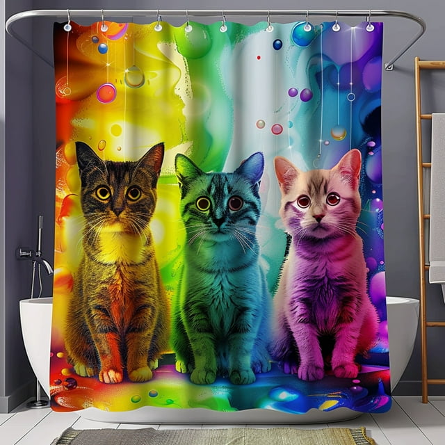 Vibrant Cat Shower Curtain 4 Colors Detailed Artwork Realistic Shadows