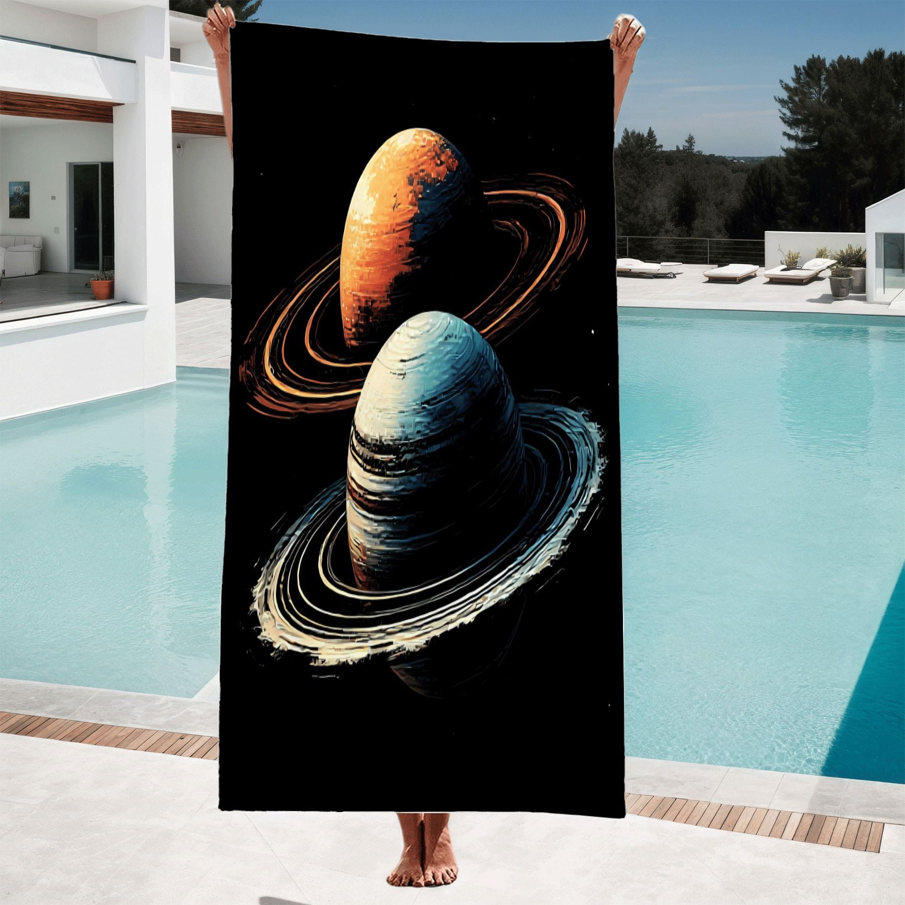 Vibrant Celestial Beach Towel - Stunning Orange & Blue Planet Design ...