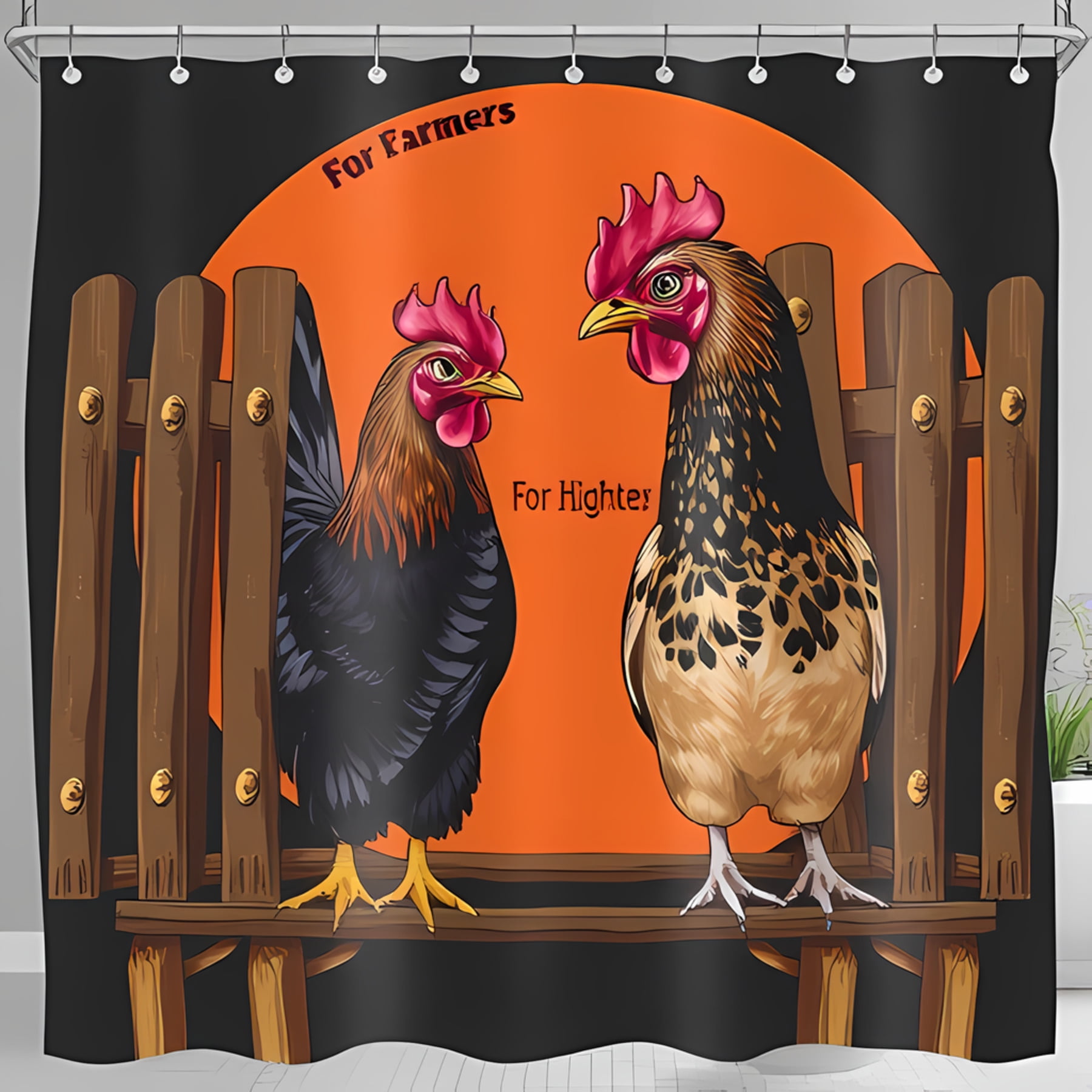 Vibrant Chicken Shower Curtain - Playful Rooster & Hen on Wooden Fence ...