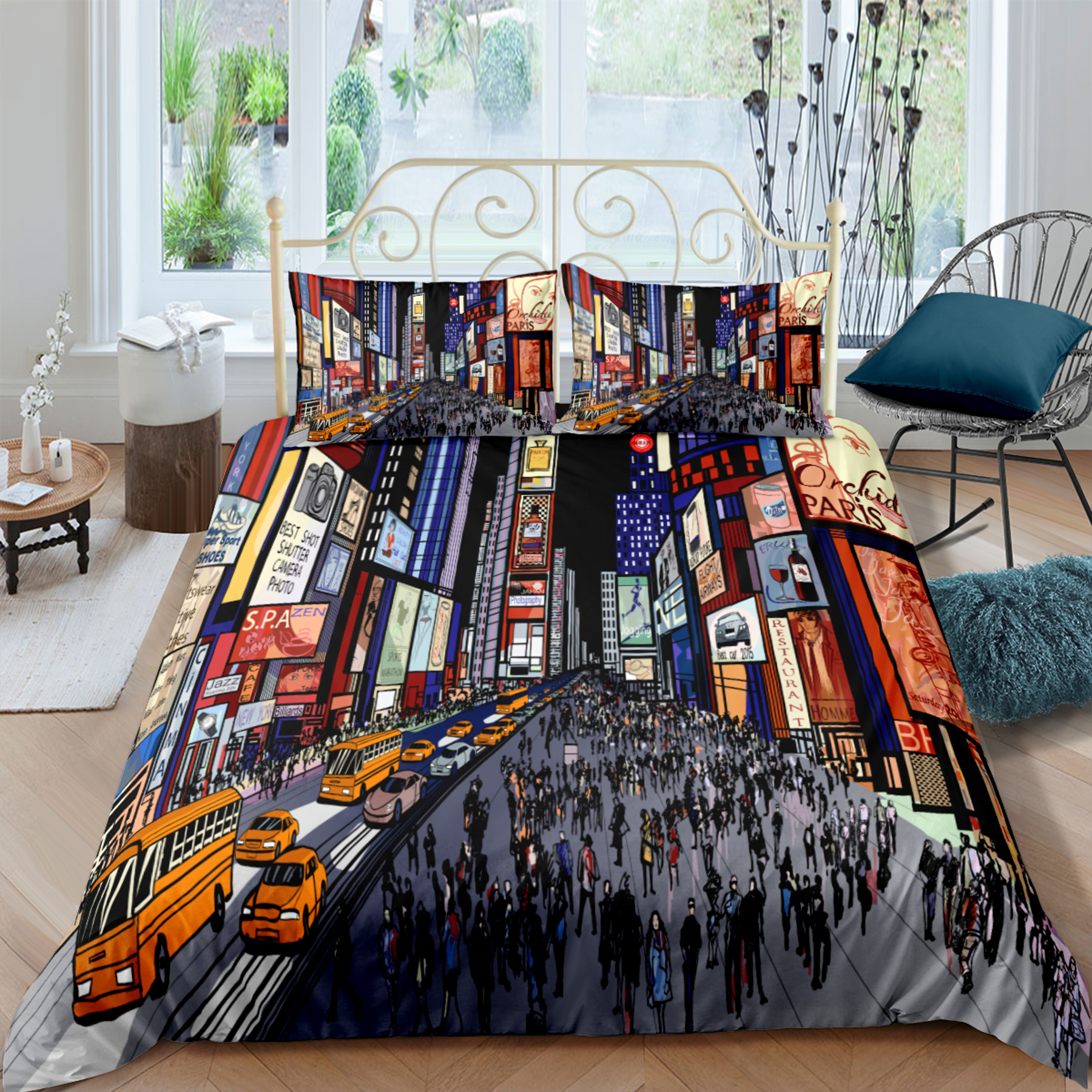 Vibrant City Street Night Bedding Set Times Square Inspired Urban Art ...