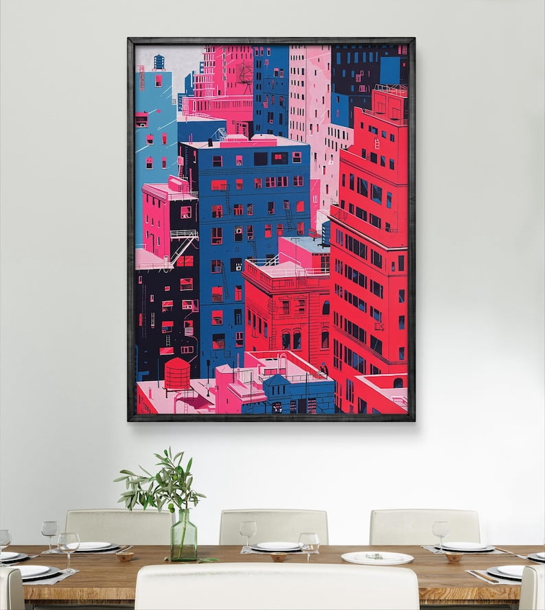 Vibrant Cityscape Art Print, Modern Urban Wall Decor, Neon City Poster ...