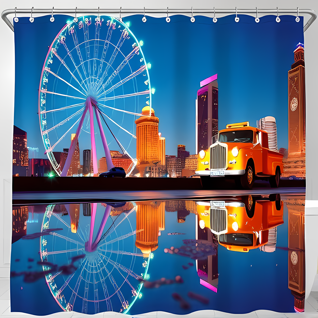 Vibrant Cityscape Shower Curtain - Bright Ferris Wheel & Vintage Truck ...