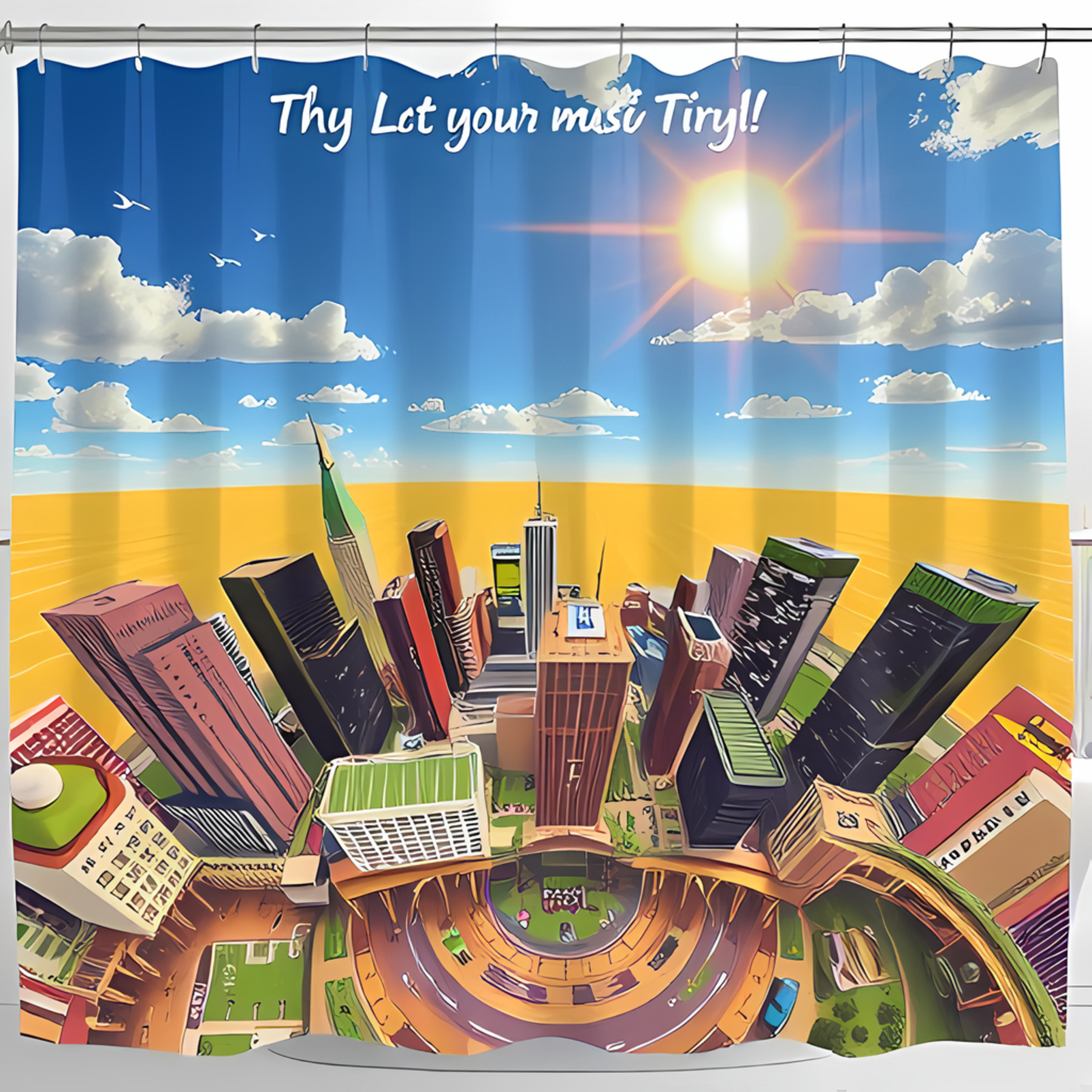 Vibrant Cityscape Shower Curtain - Futuristic Design with Bright Blue ...