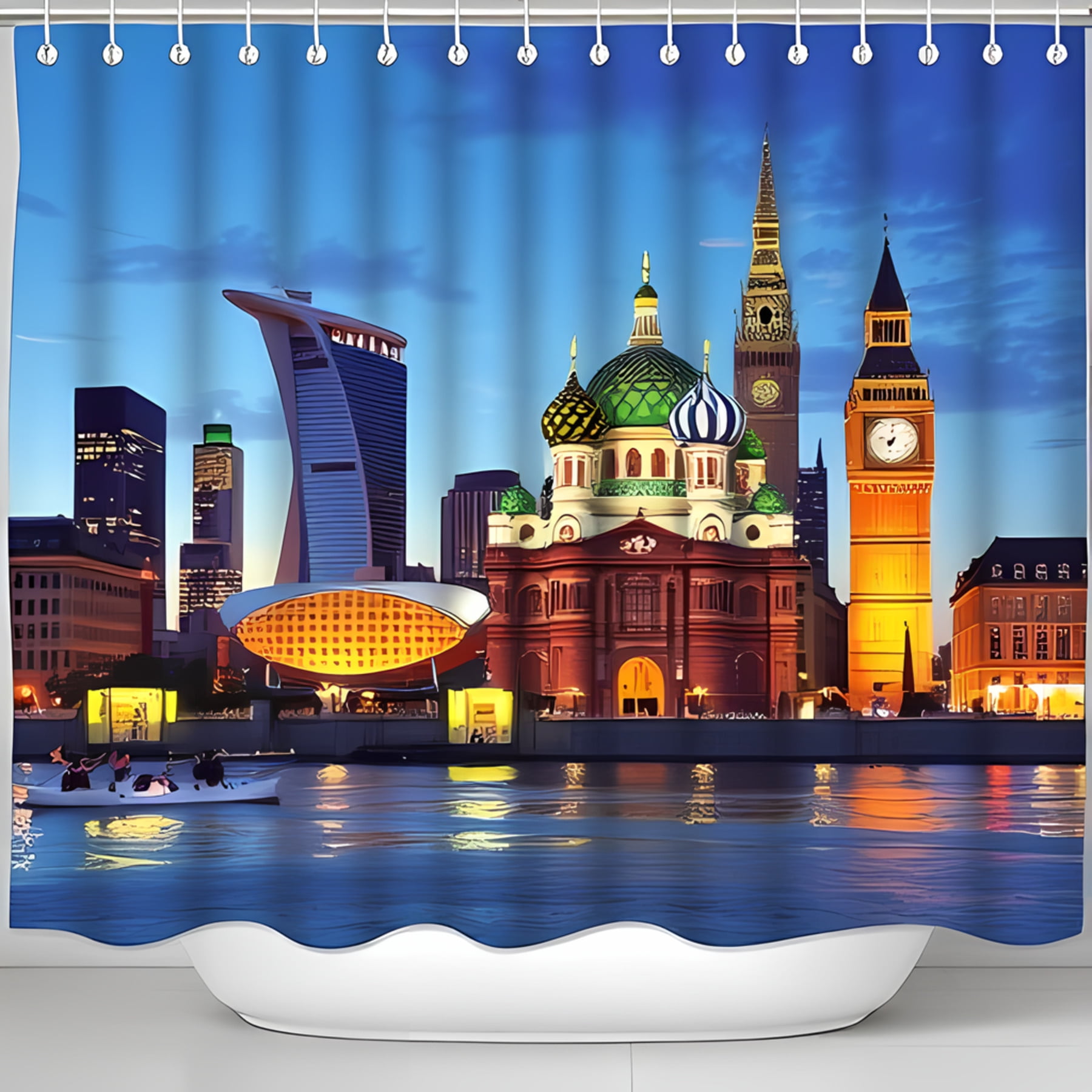 Vibrant Cityscape Shower Curtain at - Modern Skyscrapers & Iconic ...