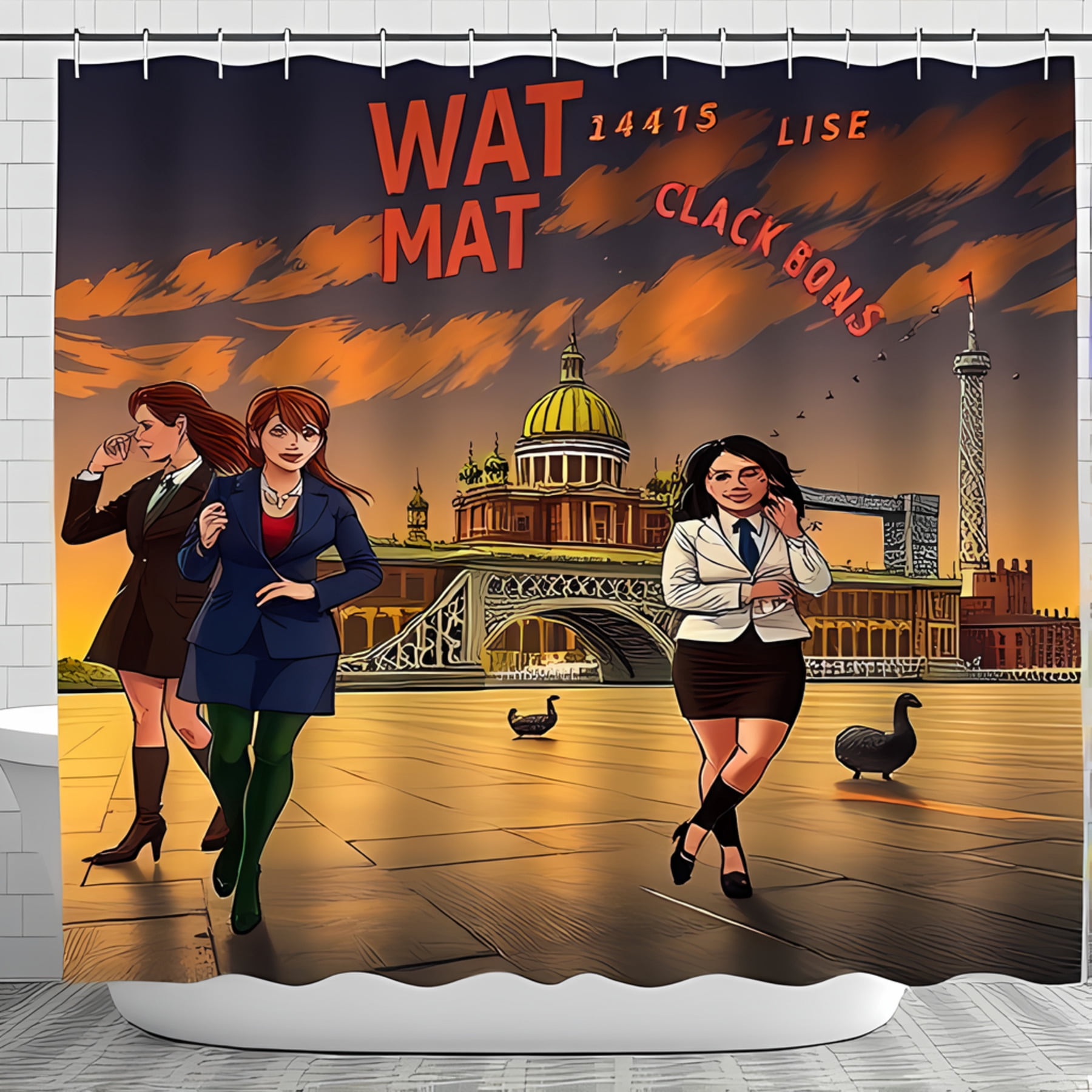 Vibrant Cityscape Shower Curtain with Animated Women in Business Attire ...