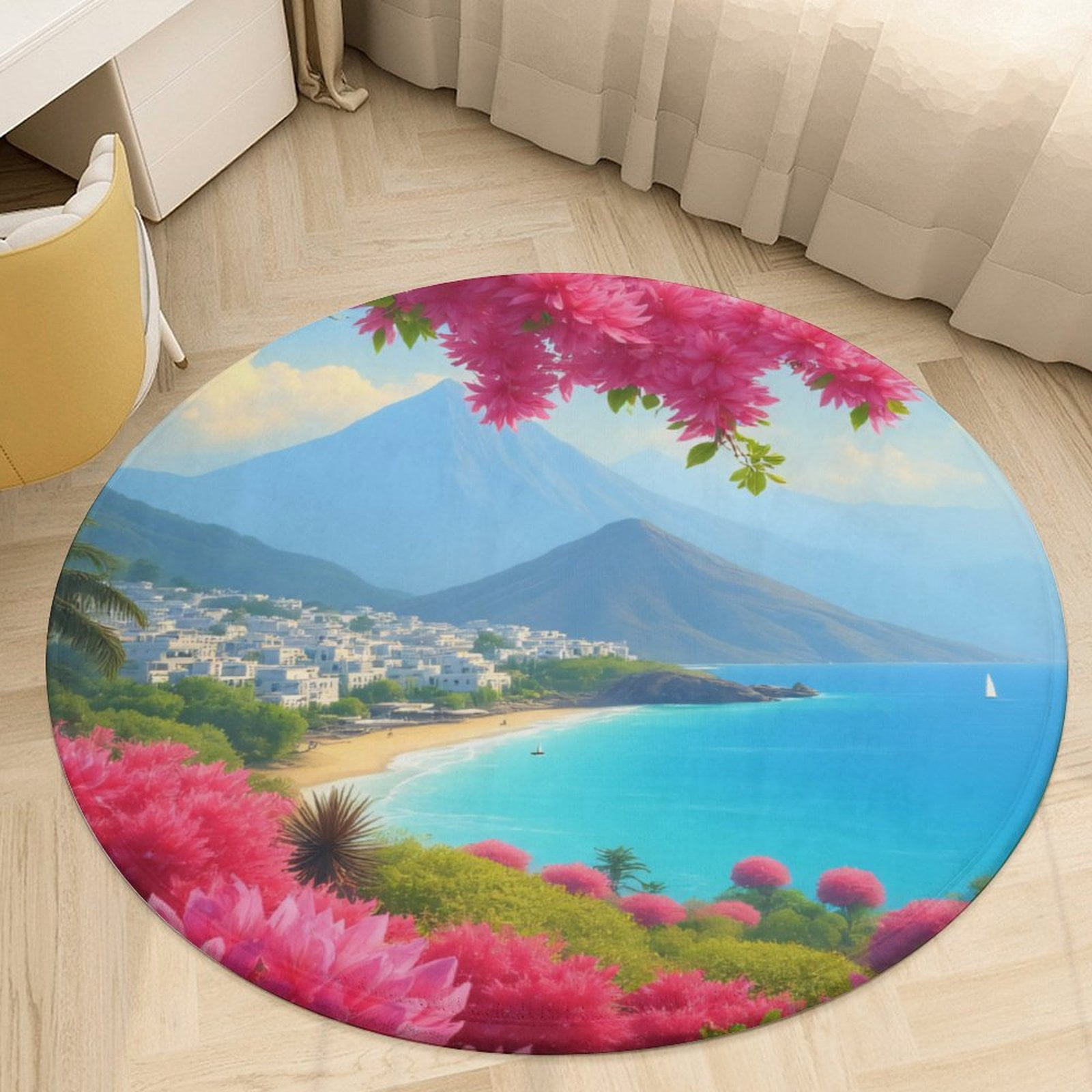 Vibrant Coastal Landscape with Flowers Round Area Rugs for Bedroom ...