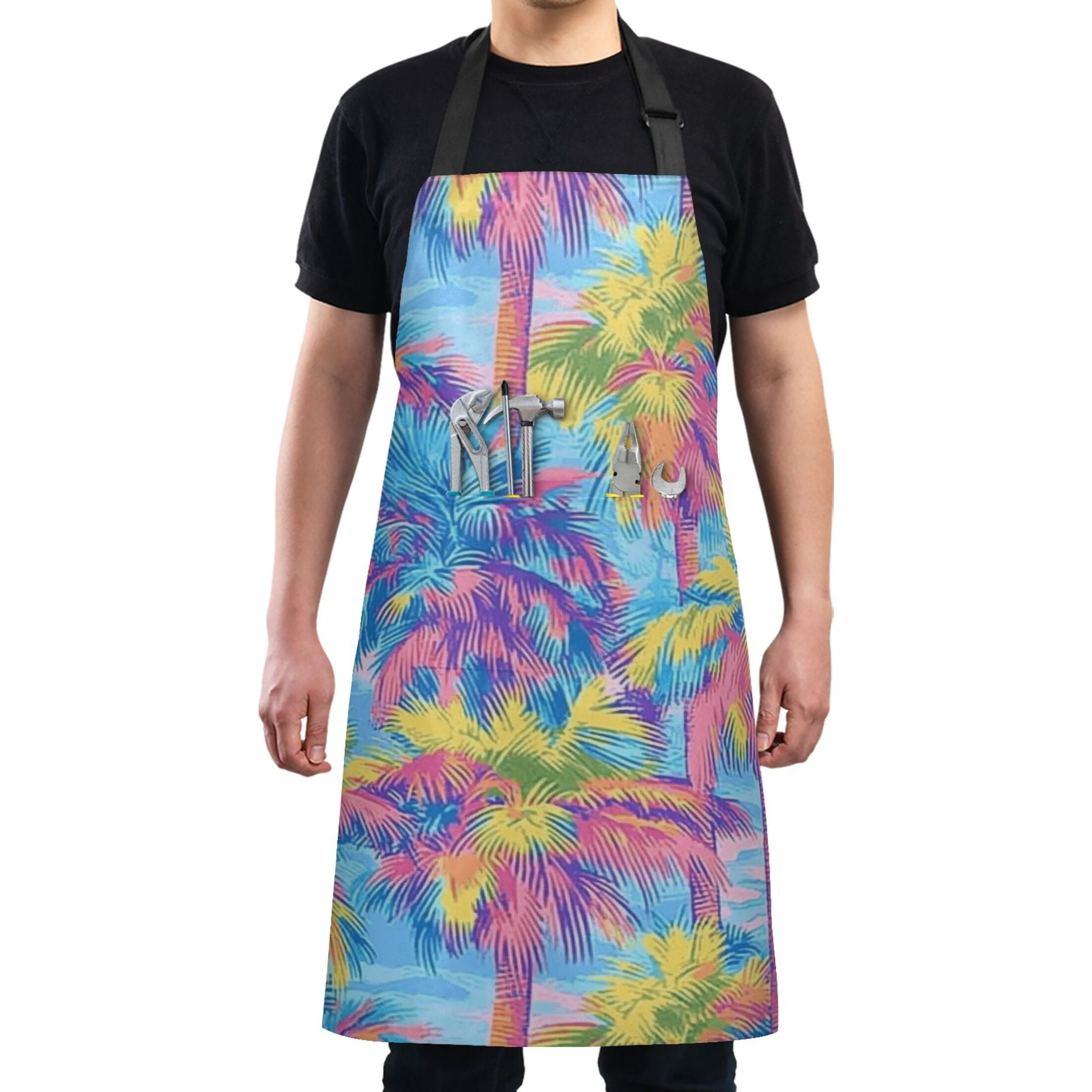Vibrant Color Palm Trees Kitchen Apron with 2 Pockets Adjustable ...