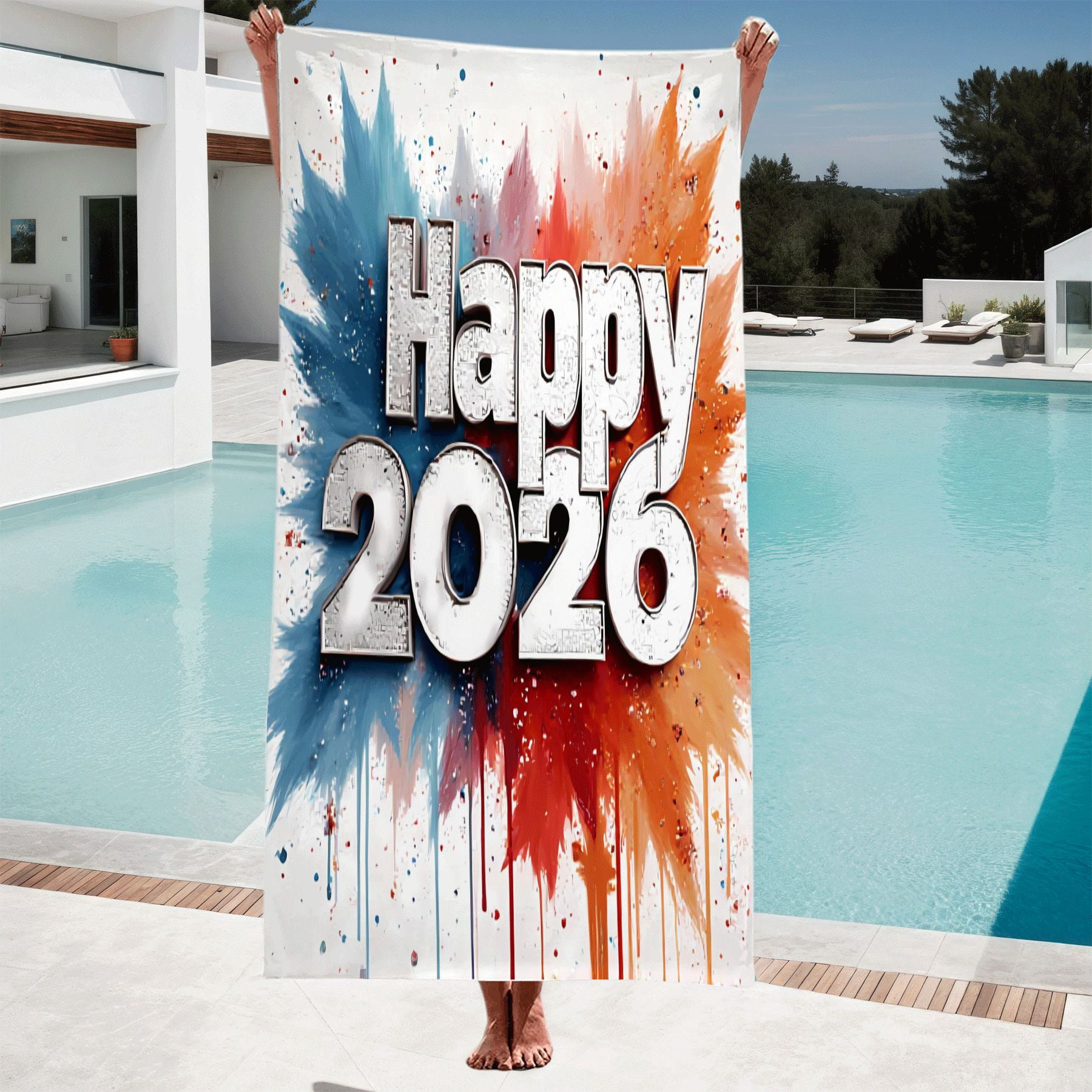 Vibrant Color Splash Beach Towel - Bold 3D ' Happy 2026 ' Design ...