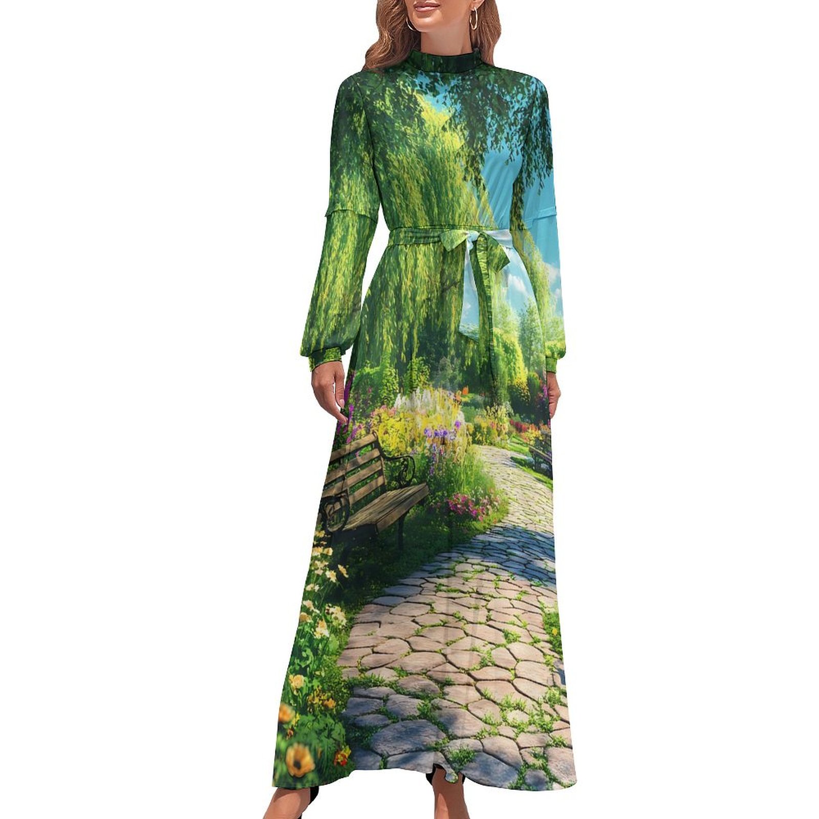 Vibrant Colored Flowers And Trees in Park Morning Women's Fall Maxi ...