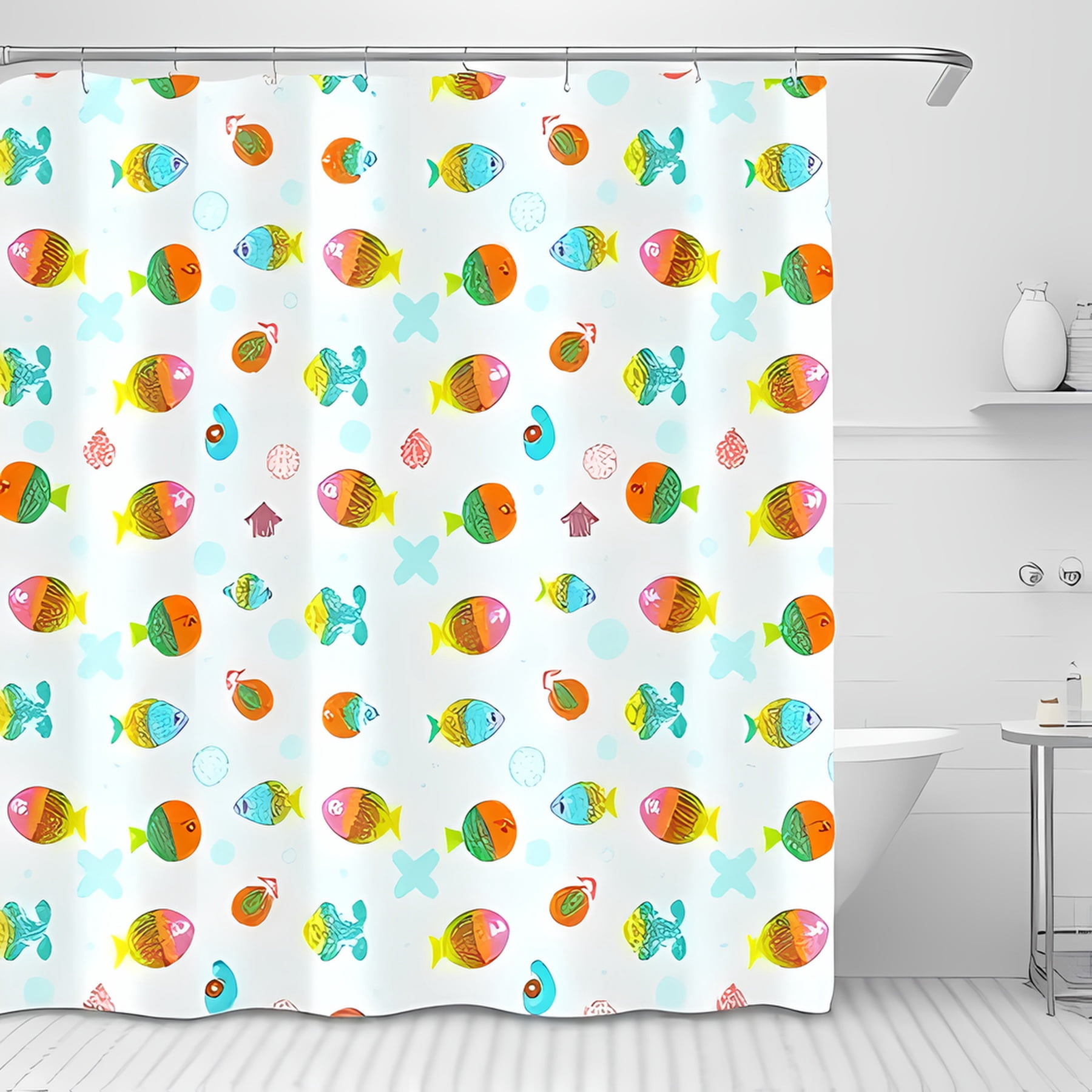 Vibrant Colorful Fish Shower Curtain - Playful Design with Bubbles ...