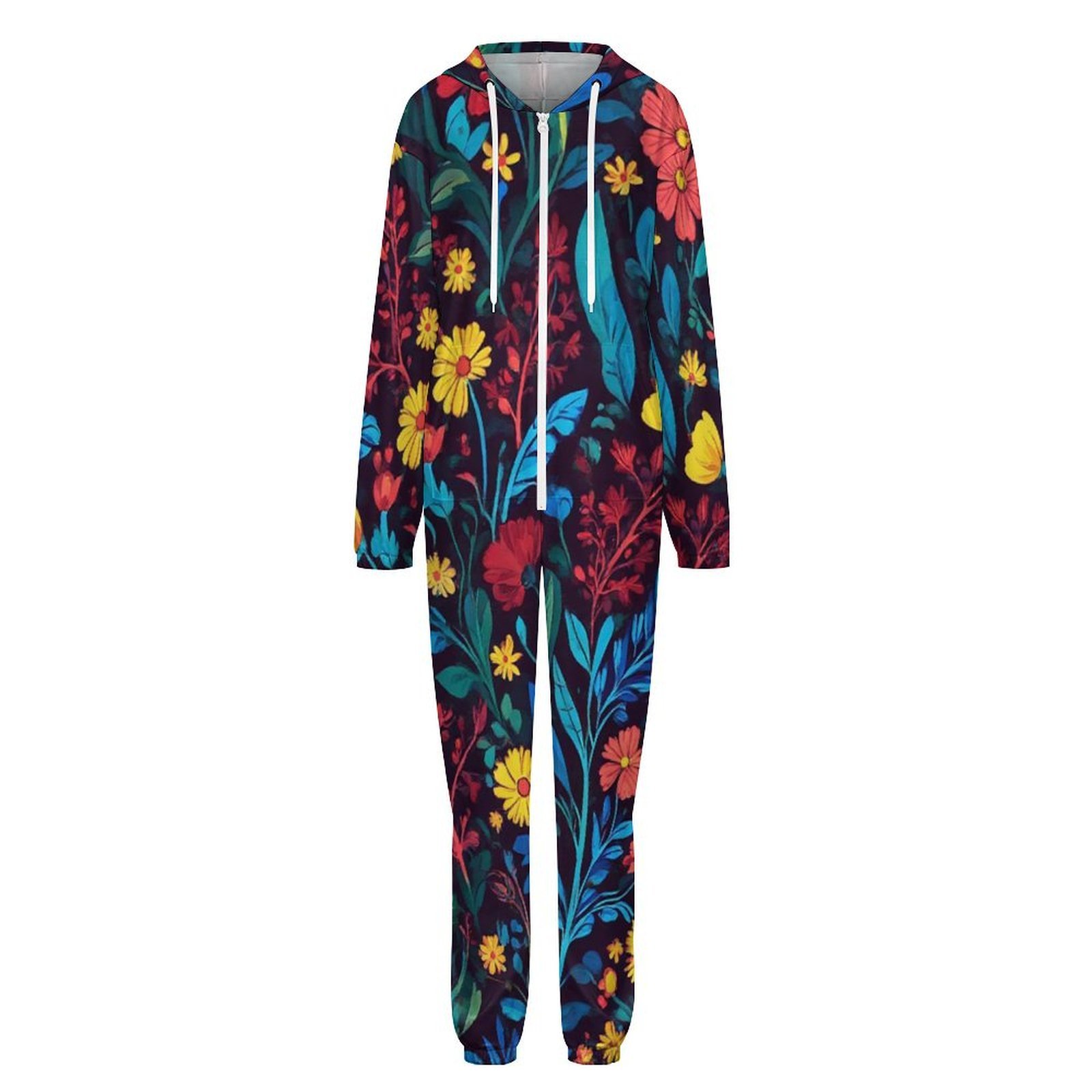 Vibrant Colorful Floral Dark Background Unisex Adult Onesie Pajamas ...