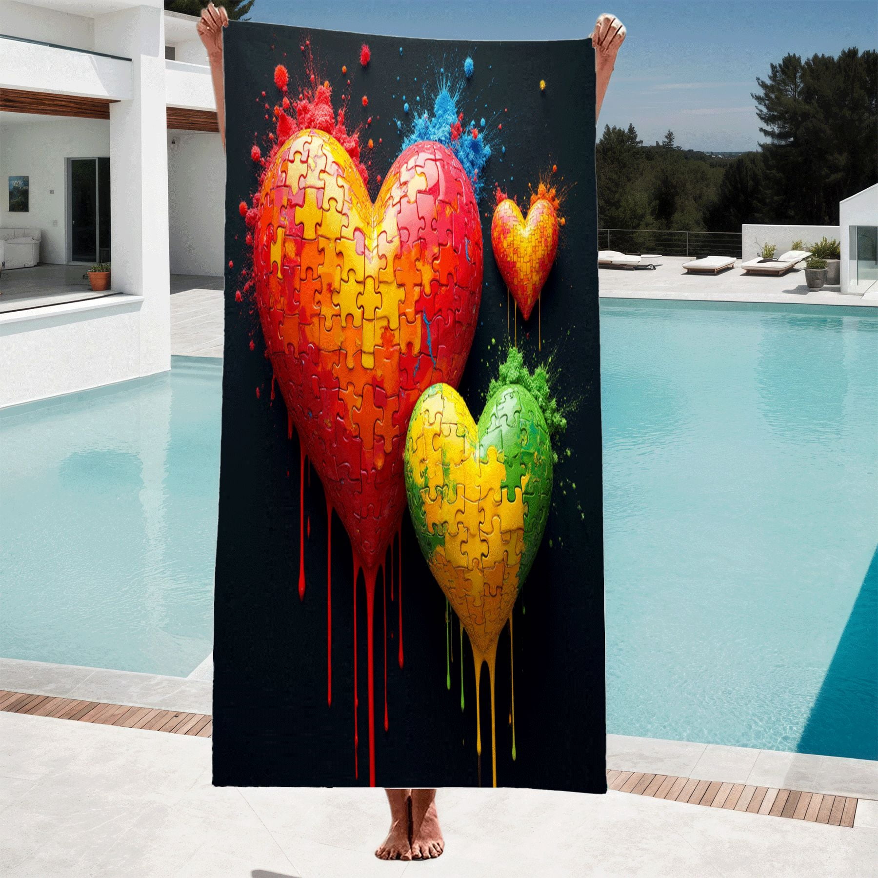 Vibrant Colorful Hearts Pattern Beach Towel - Interlocking Puzzle ...