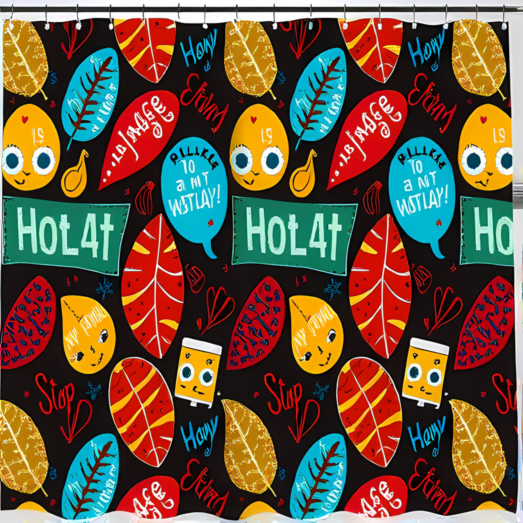 Vibrant Colorful Shower Curtain with Playful Illustrations and ...