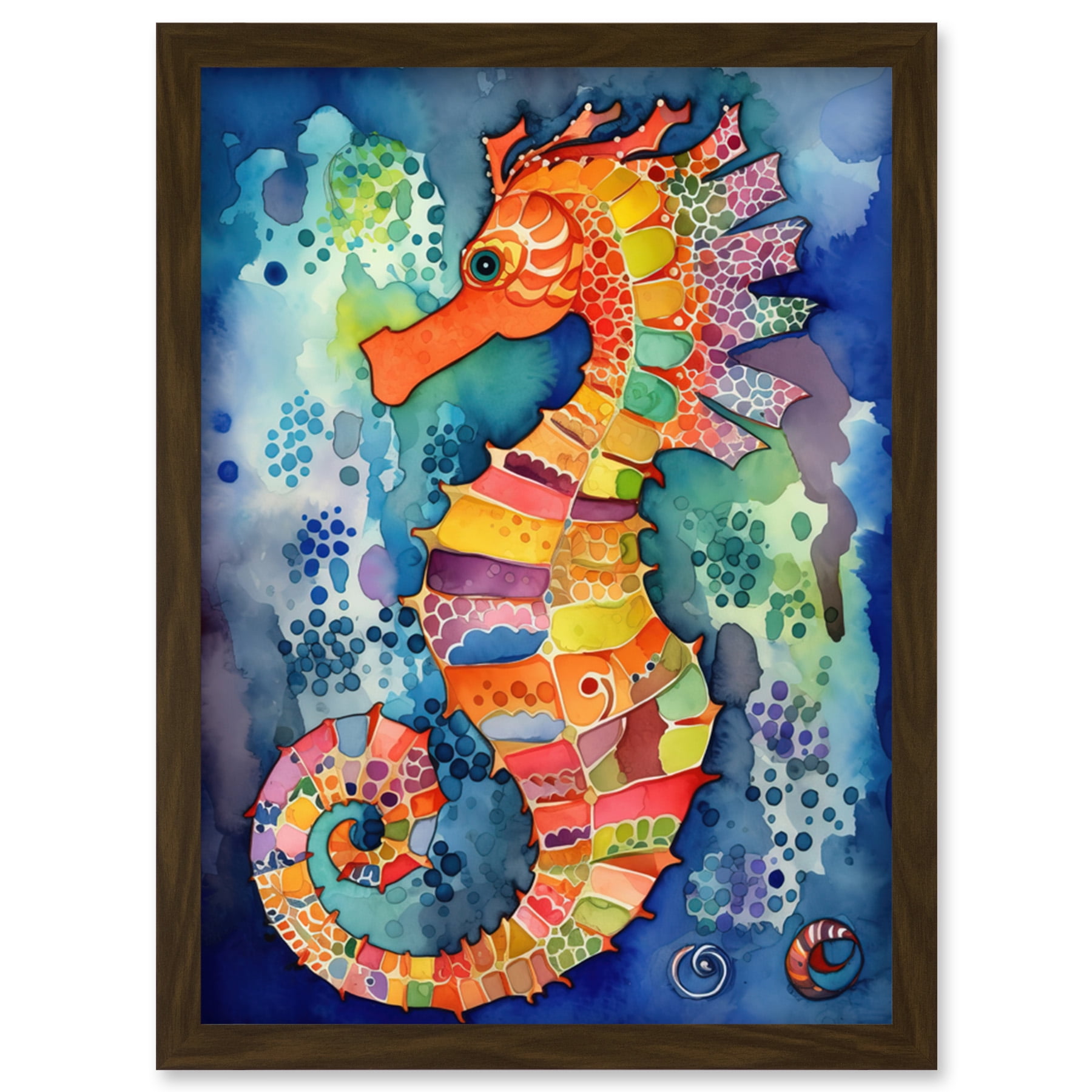 Vibrant Colour Pattern Seahorse Folk Art Artwork Framed Wall Art Print ...
