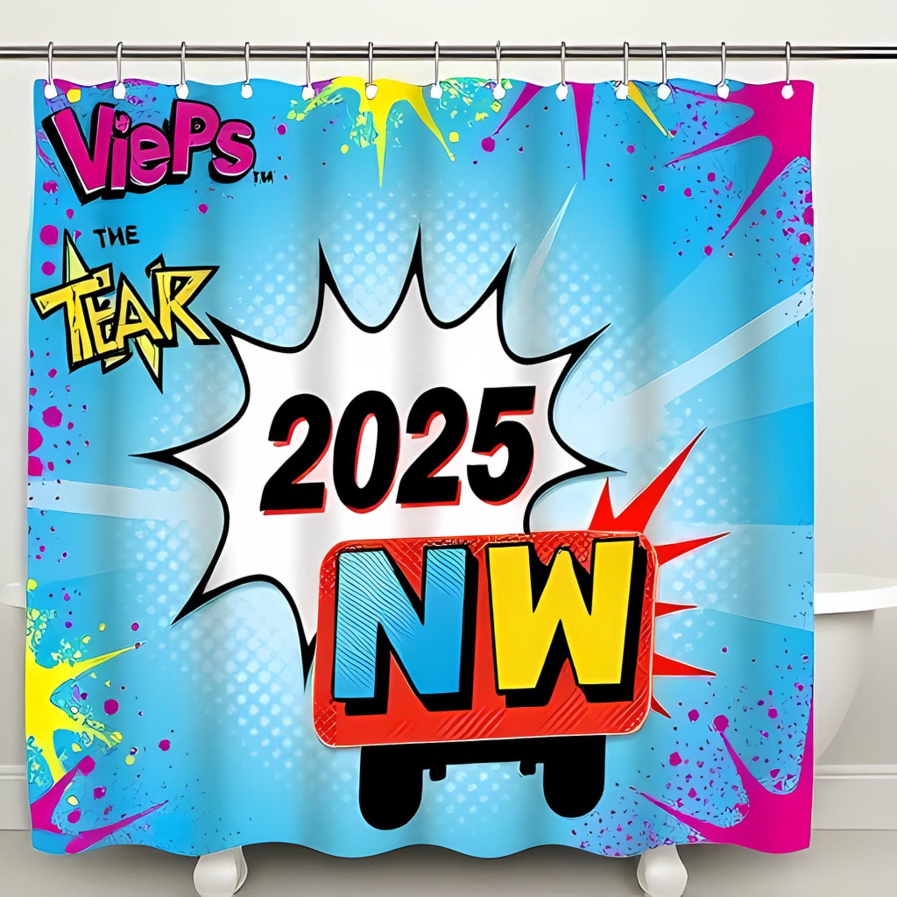 Vibrant Comic Book-Inspired Shower Curtain with Explosive '2025 NW ...
