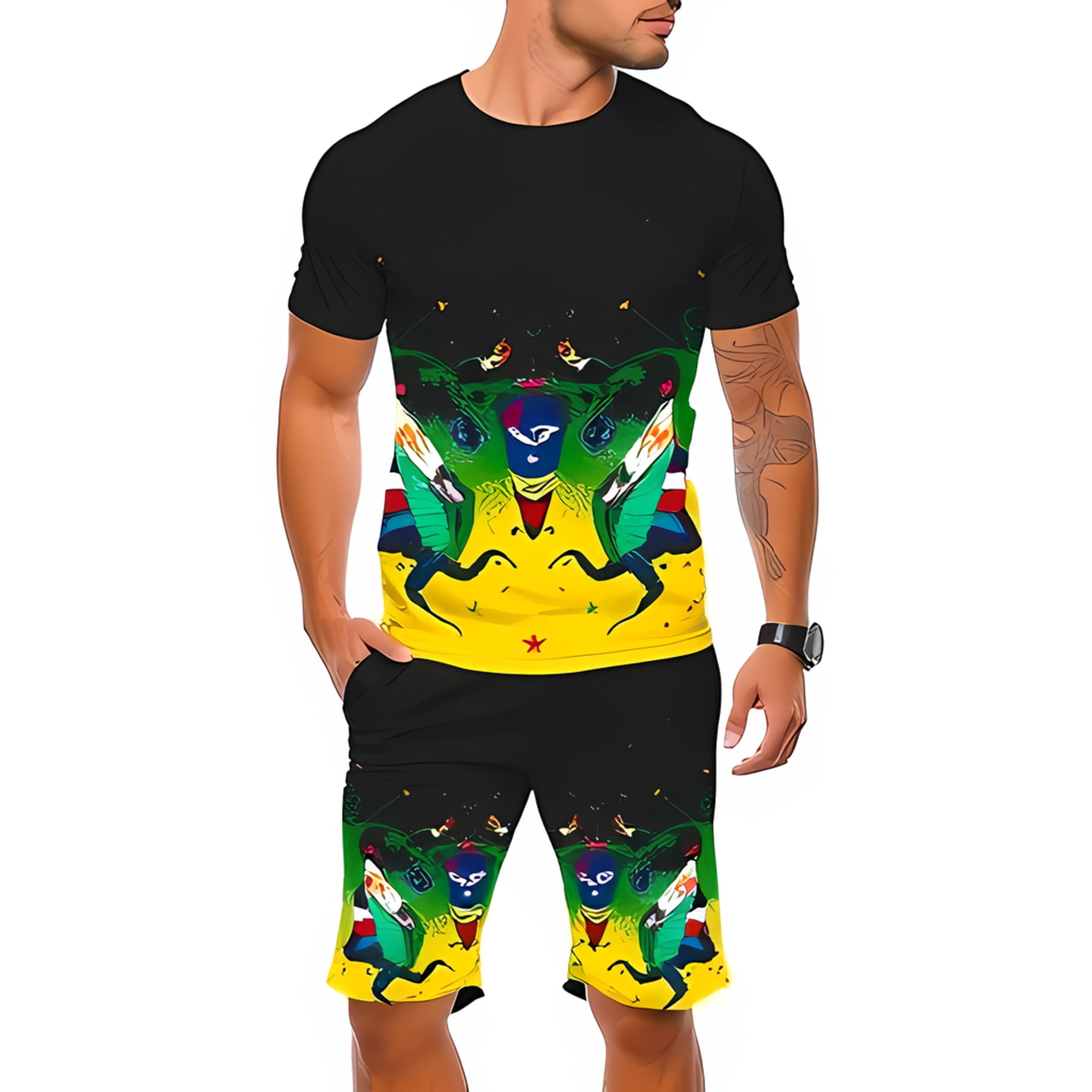 Vibrant Comic - Inspired T-Shirt and Shorts Set for Men - Bold Colors ...