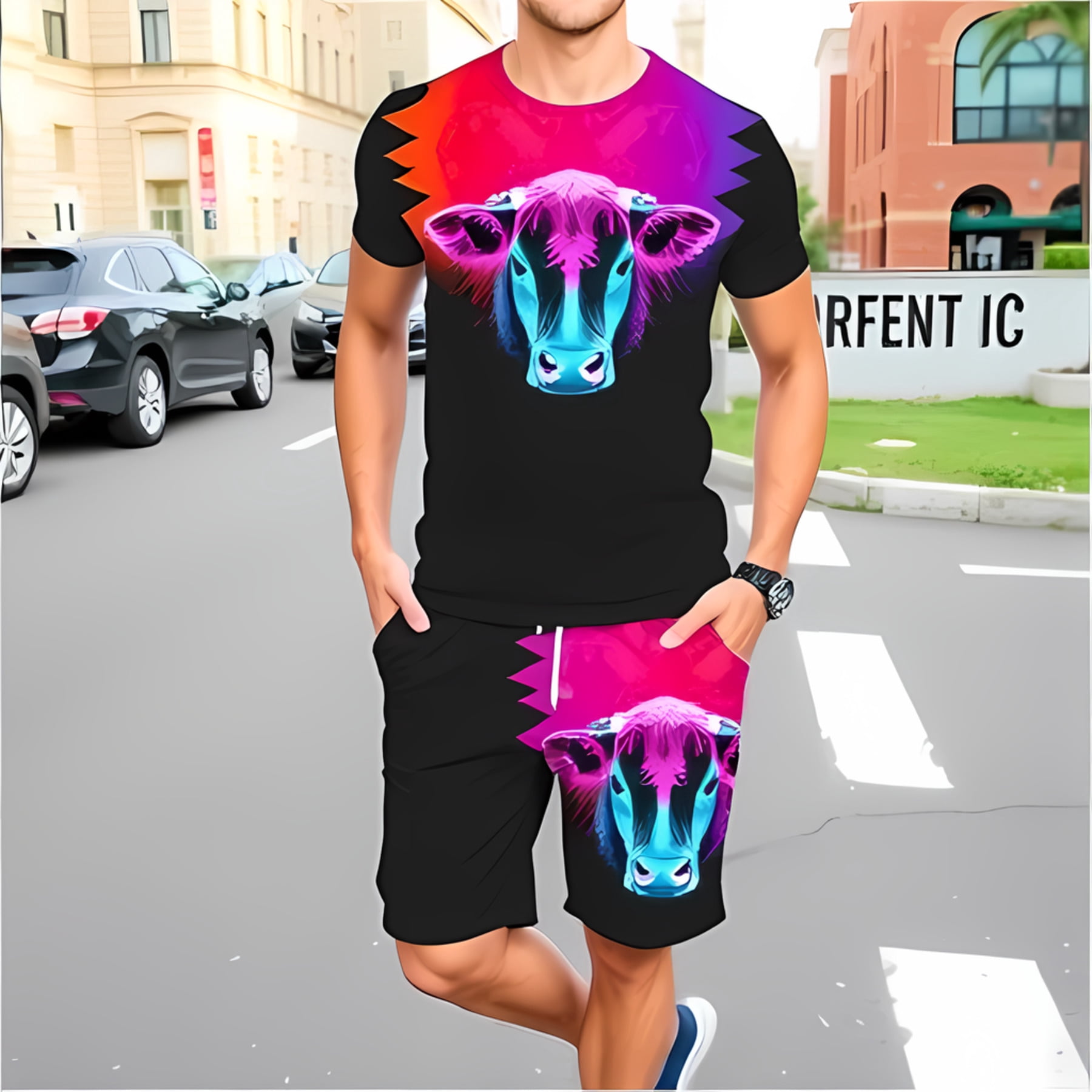 Vibrant Cow Graphic T-Shirt and Shorts Set - Bold Streetwear Outfit ...