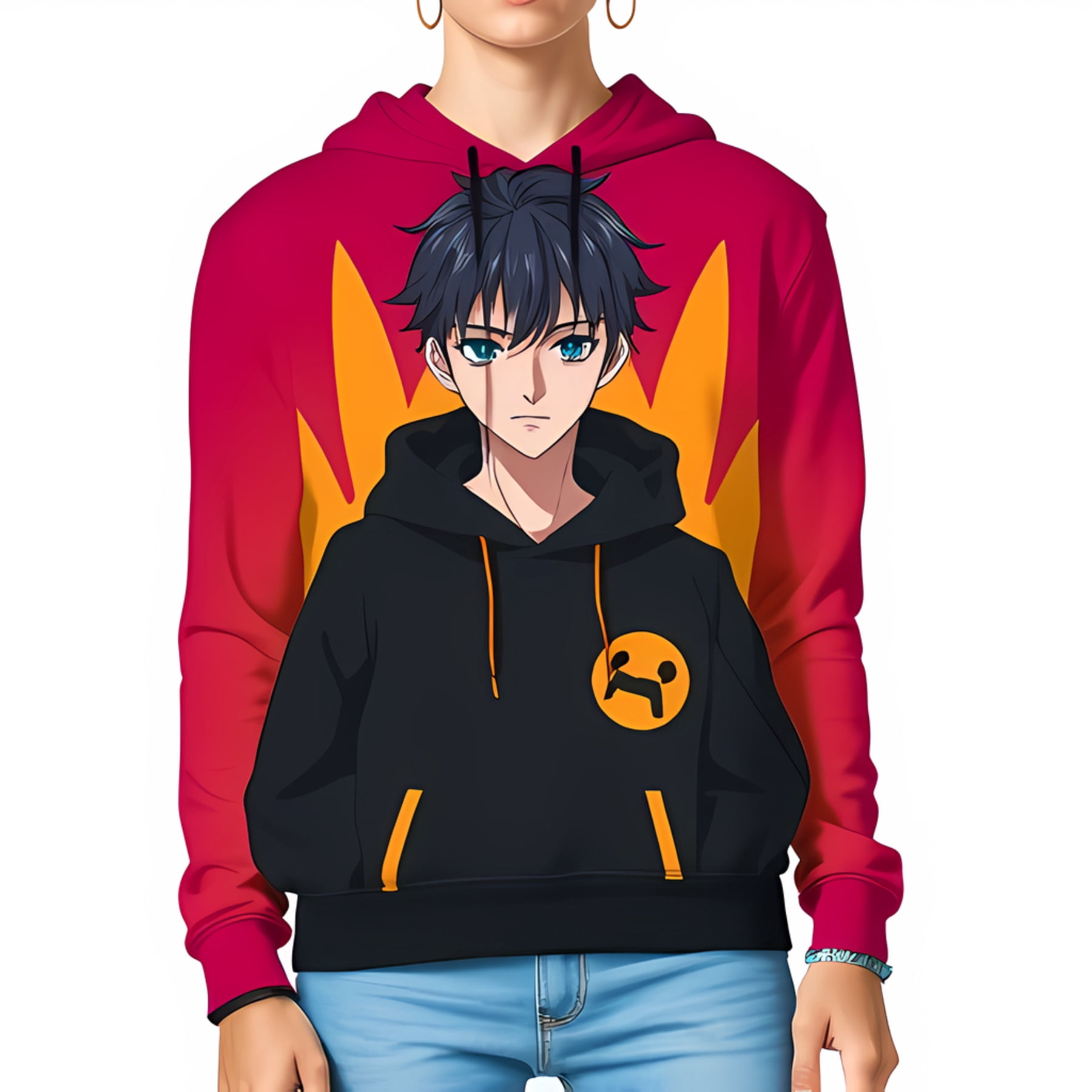 Vibrant Crimson 3D Anime Hoodie with Flame Pattern & Dark-Haired ...