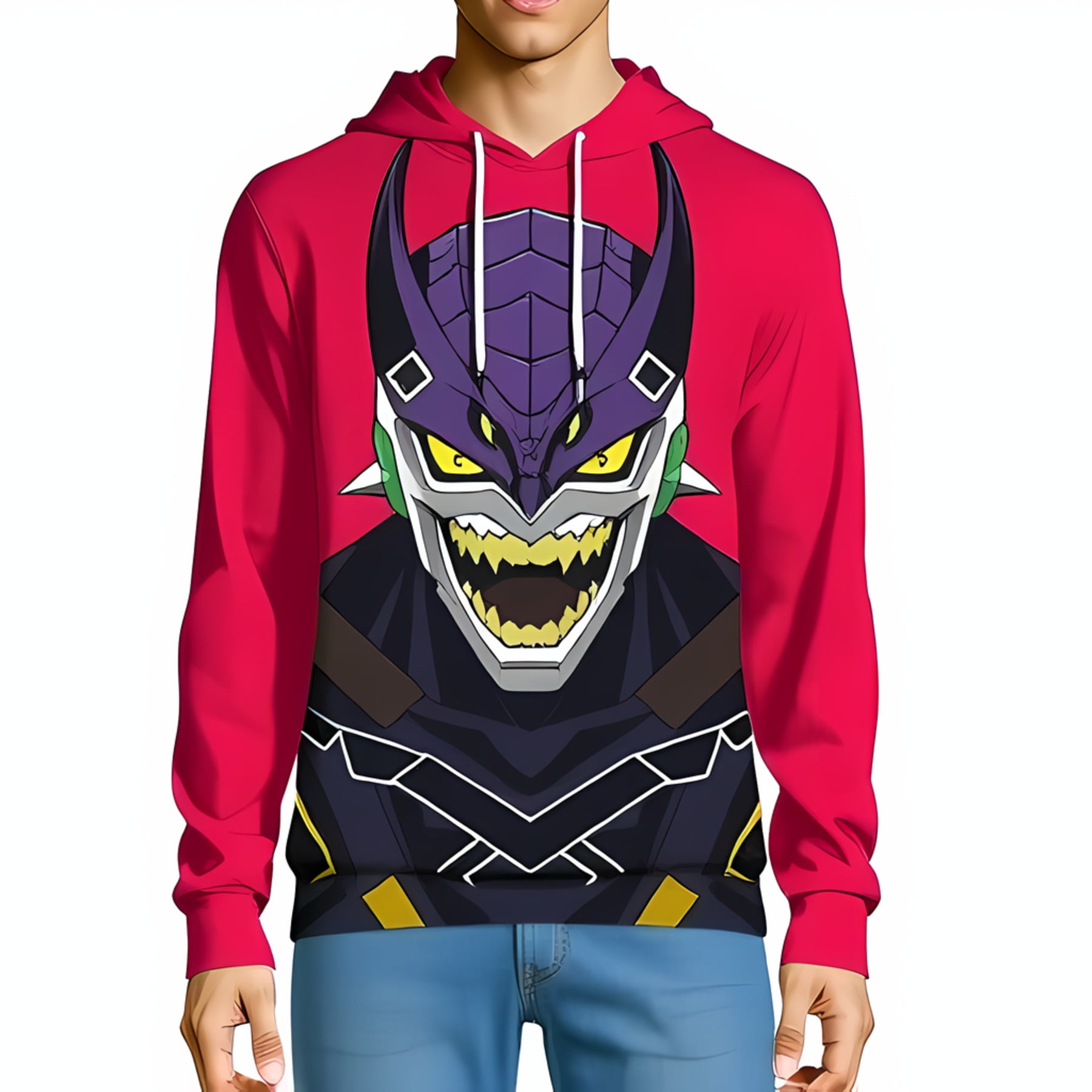 Vibrant Crimson 3D Hoodie with Anime Character Face - Menacing ...