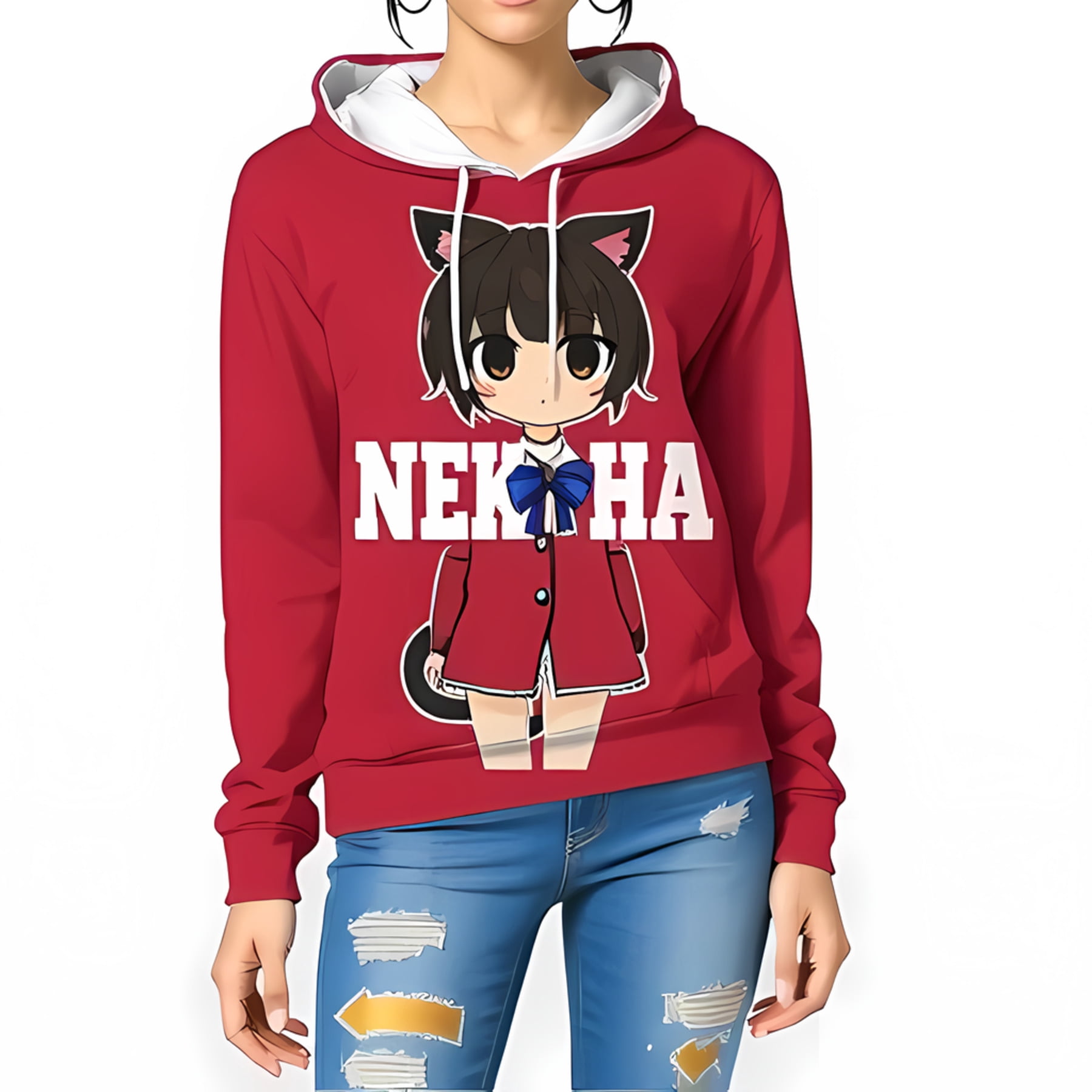Vibrant Crimson 3D Hoodie with Anime Girl Illustration - NEKHA Design ...