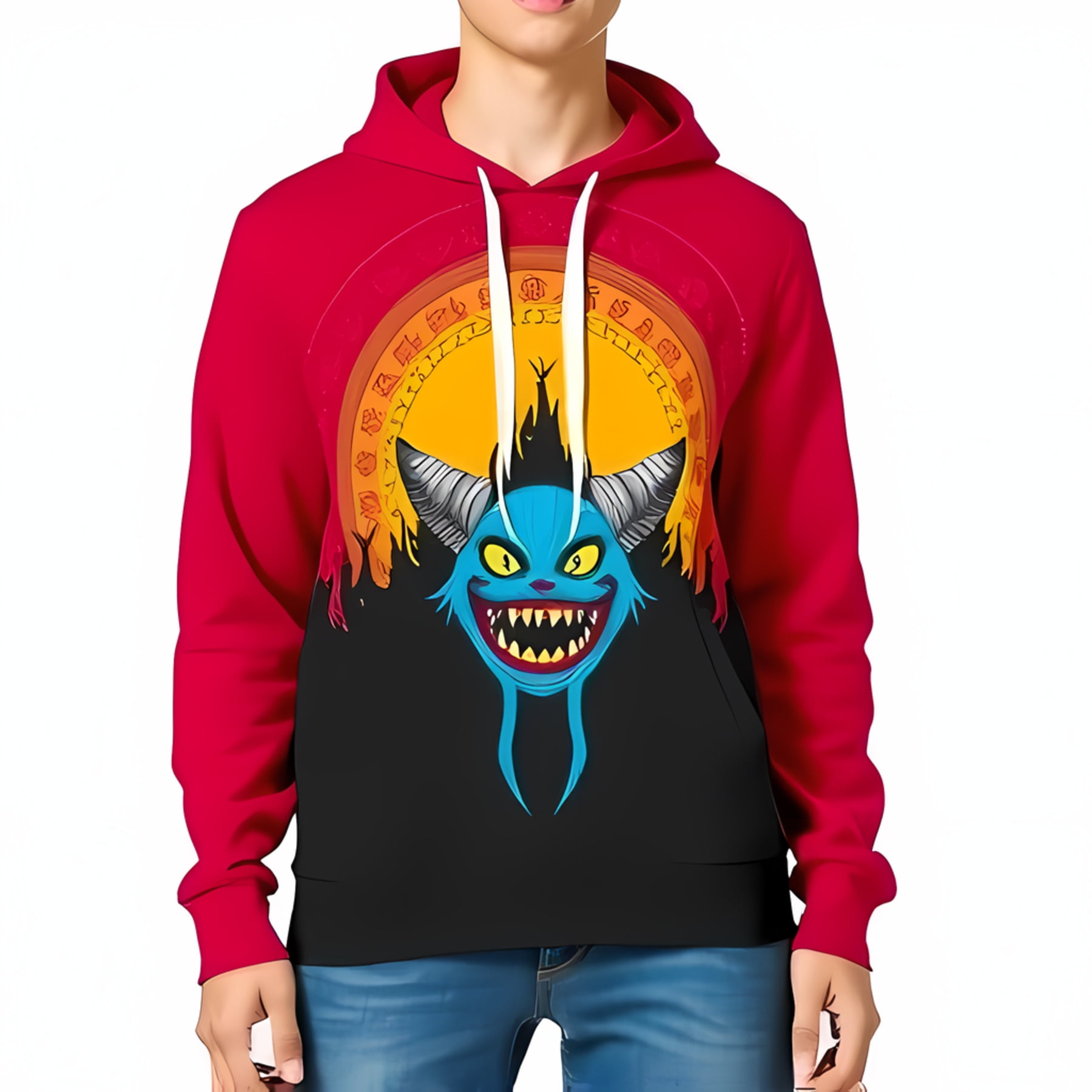 Vibrant Crimson 3D Hoodie with Cartoonish Demonic Creature Graphic ...