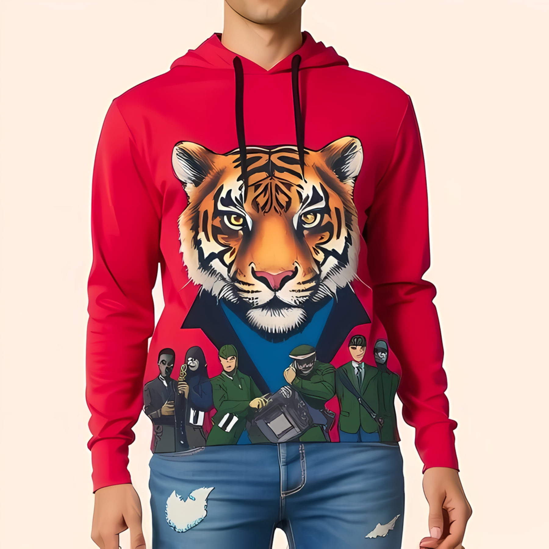 Vibrant Crimson 3D Hoodie with Stylized Tiger Graphic & Characters Bold ...
