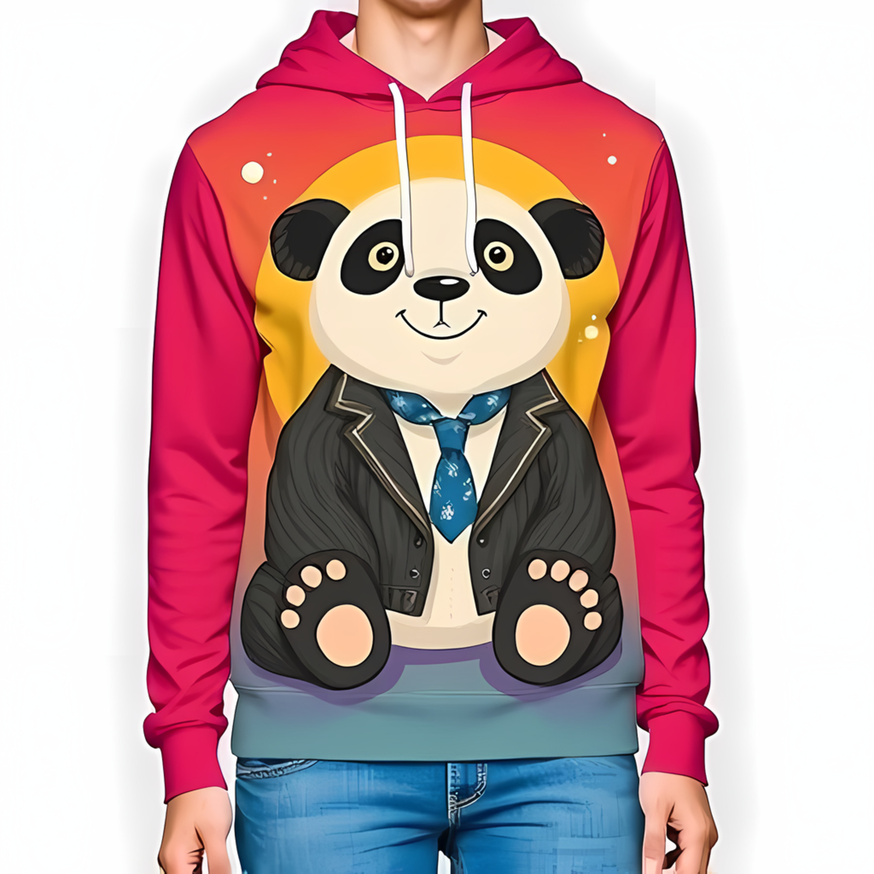 Vibrant Crimson 3D Panda Hoodie - Cartoon Panda in Suit & Tie Sunset Gradient Design Stylish ...