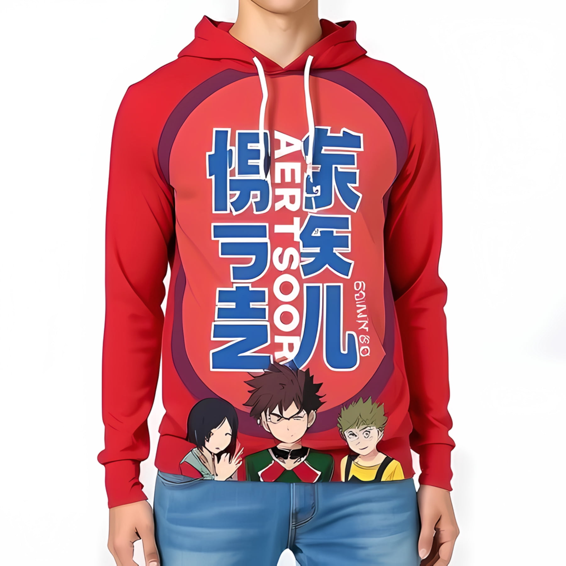 Vibrant Crimson Anime 3D Hoodie with Cartoon Characters & Bold Japanese ...