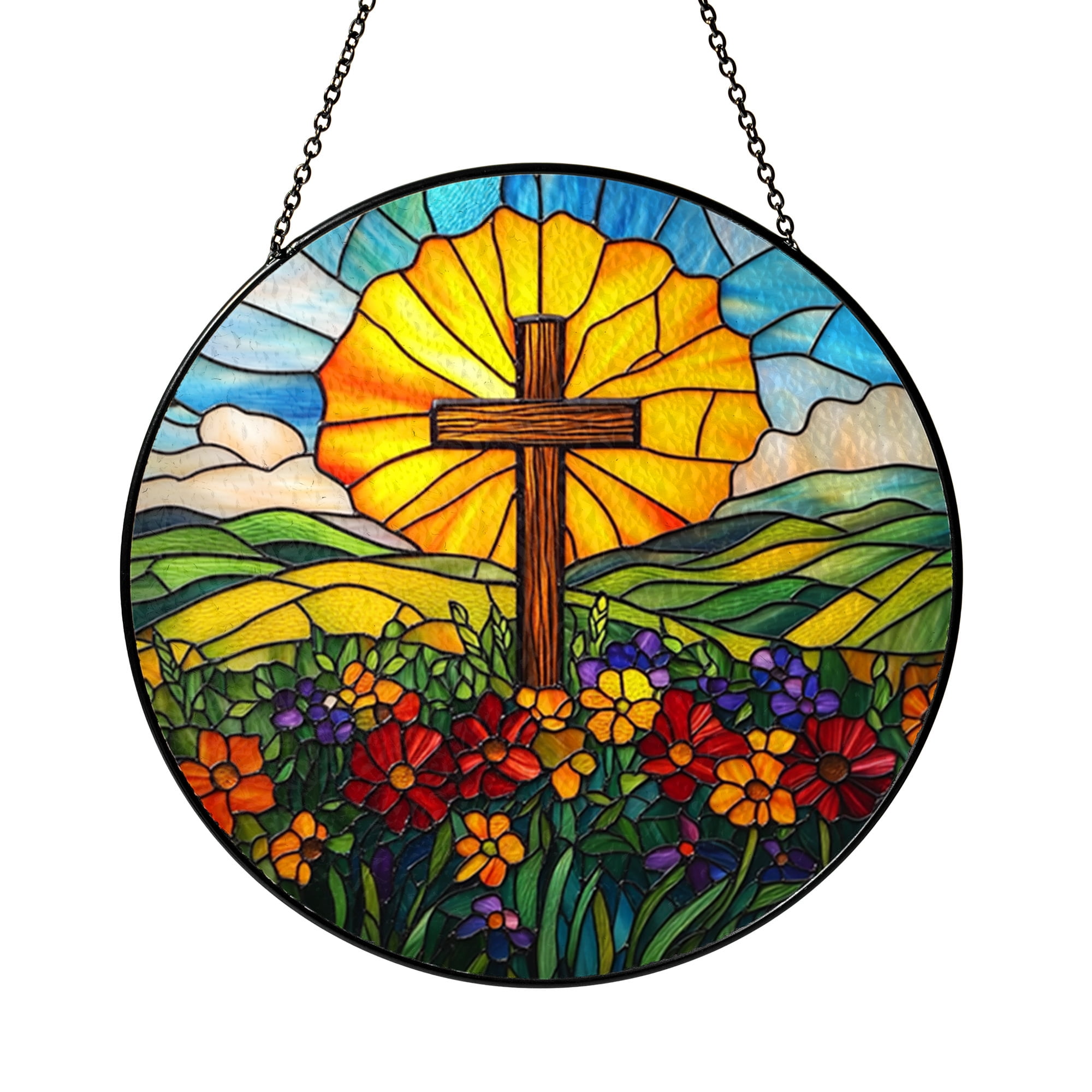 Vibrant Cross Stained Glass Suncatcher Round Window Hanging Floral ...