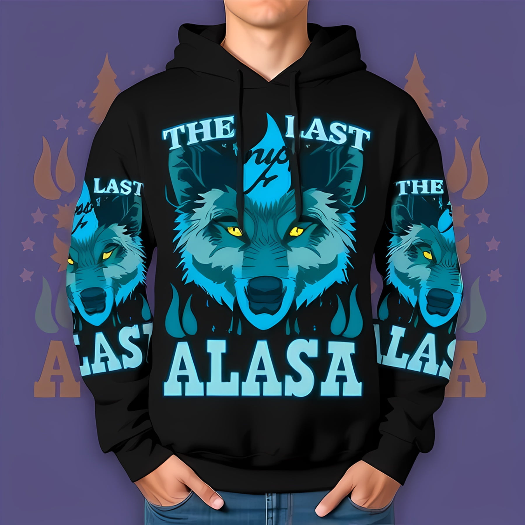 Vibrant Cyan Wolf 3D Hoodie with Flames - "The Last Alasa" Design ...