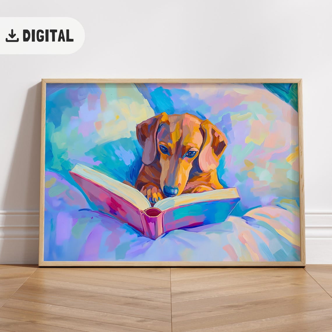 Vibrant Dachshund Reading Wall Art, Book Lover, Poster Doxie Dog Read ...