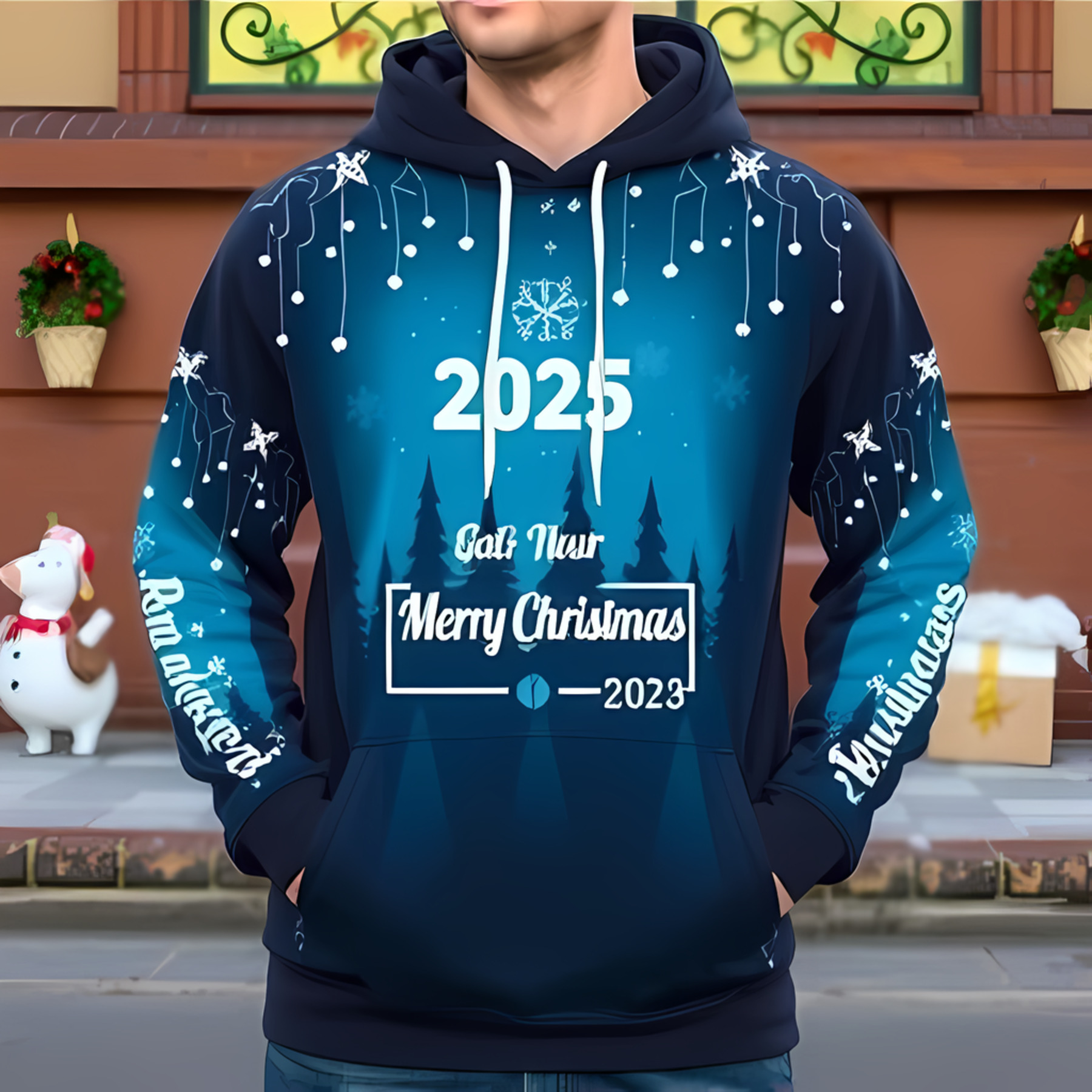 Vibrant Dark Teal 3D Hoodie with 2025 Design Snowflake & Pattern Forest ...