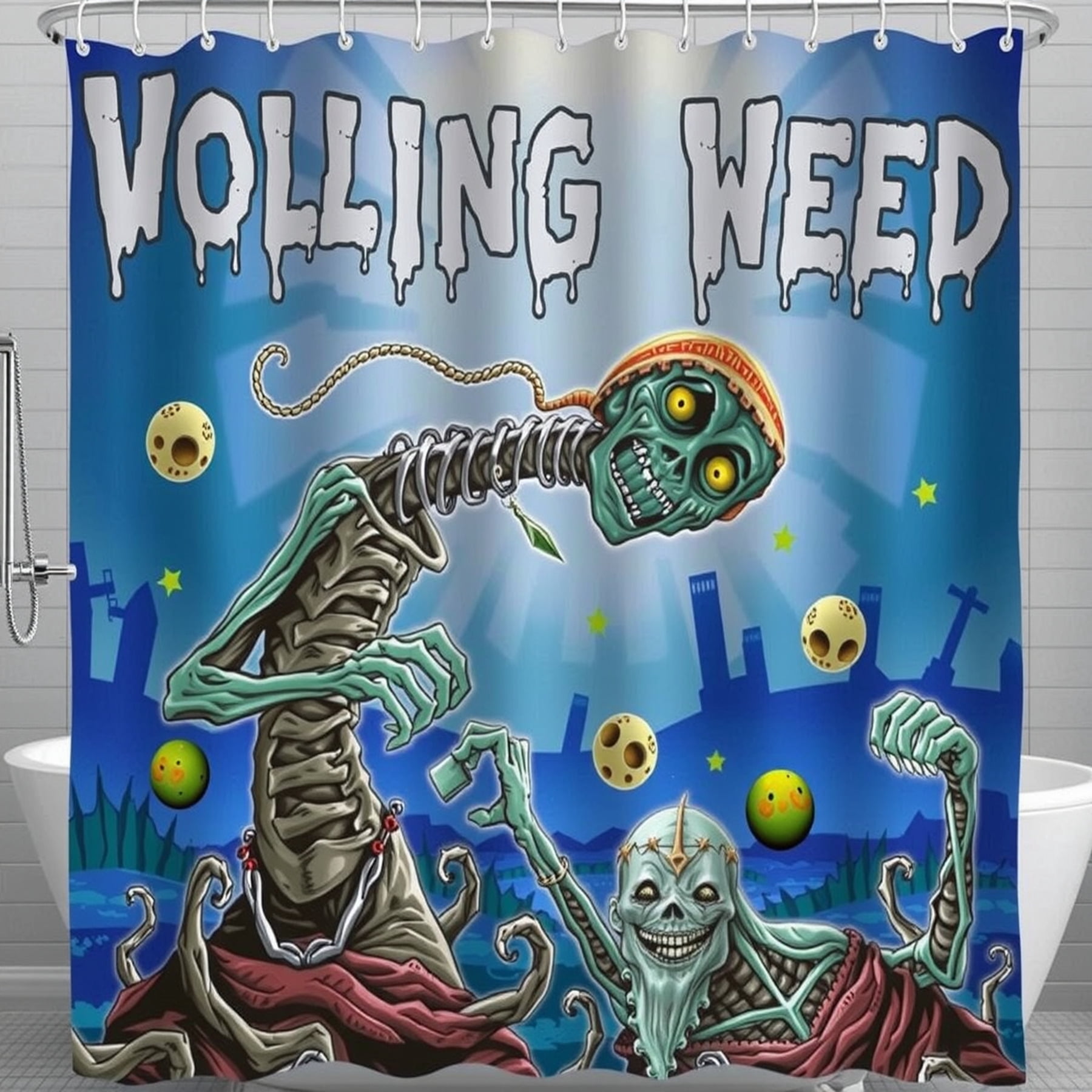 Vibrant Deep Blue Shower Curtain with Stylized Skeletal Creatures ...