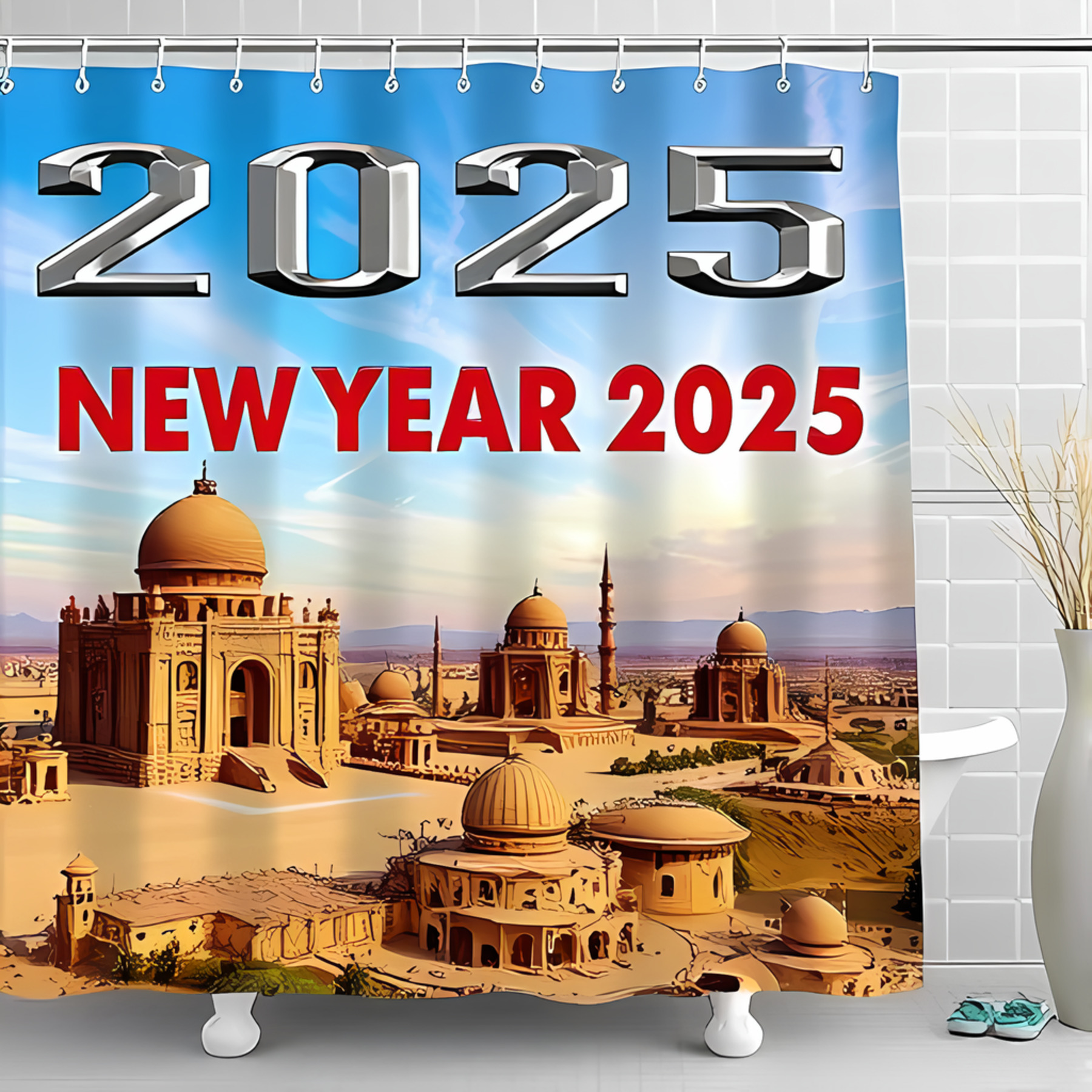 Vibrant Desert City Shower Curtain with '2025' Numerals & 'NEW YEAR ...