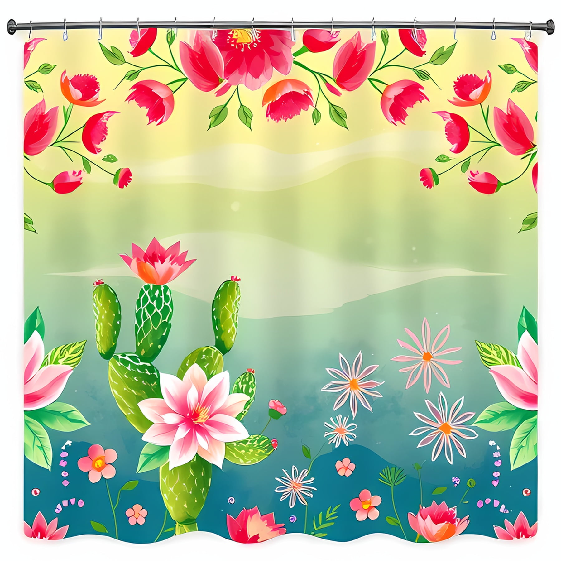 Vibrant Desert Flora Shower Curtain with Watercolor Flowers & Prickly ...