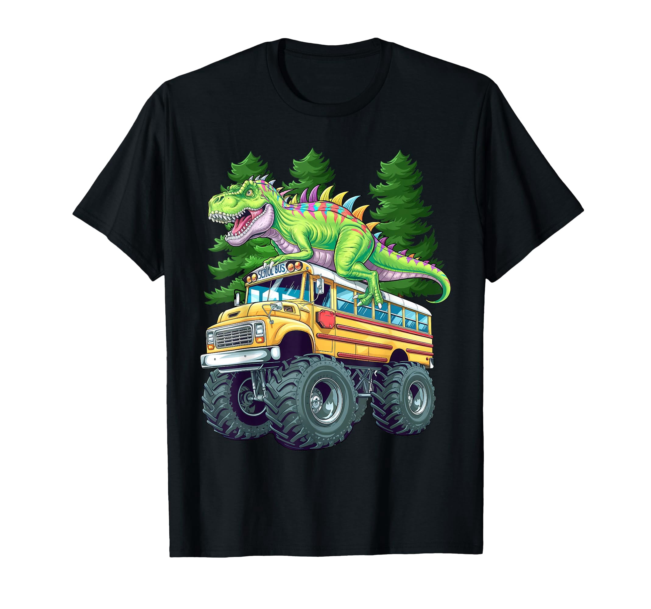 Vibrant Dinosaur T-Rex on Monster Truck School Bus Driver Graphic T ...