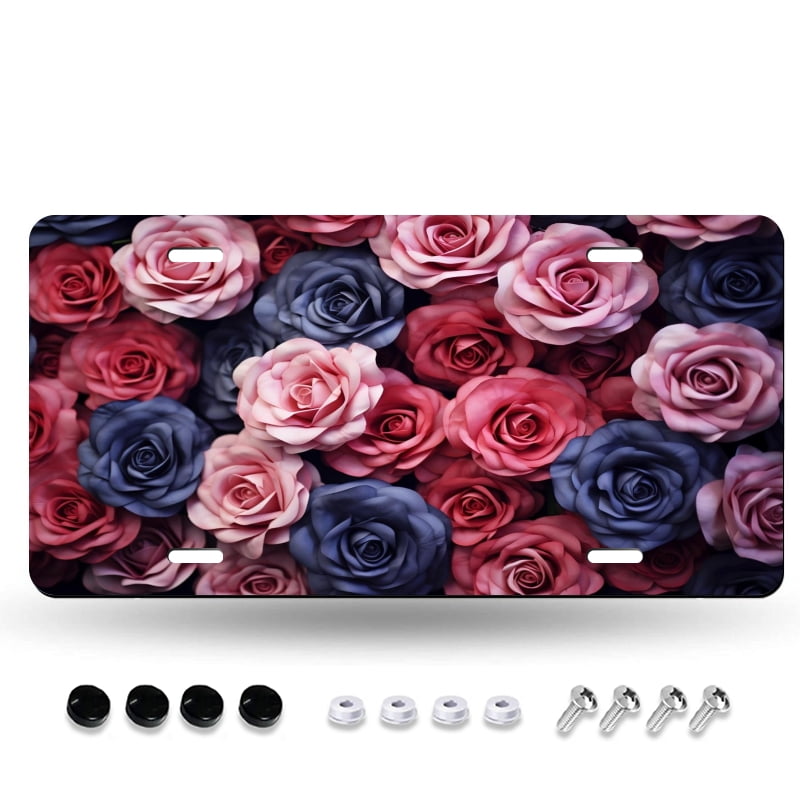 Vibrant Display of Pink and Navy Blue Roses Front License Plate ...