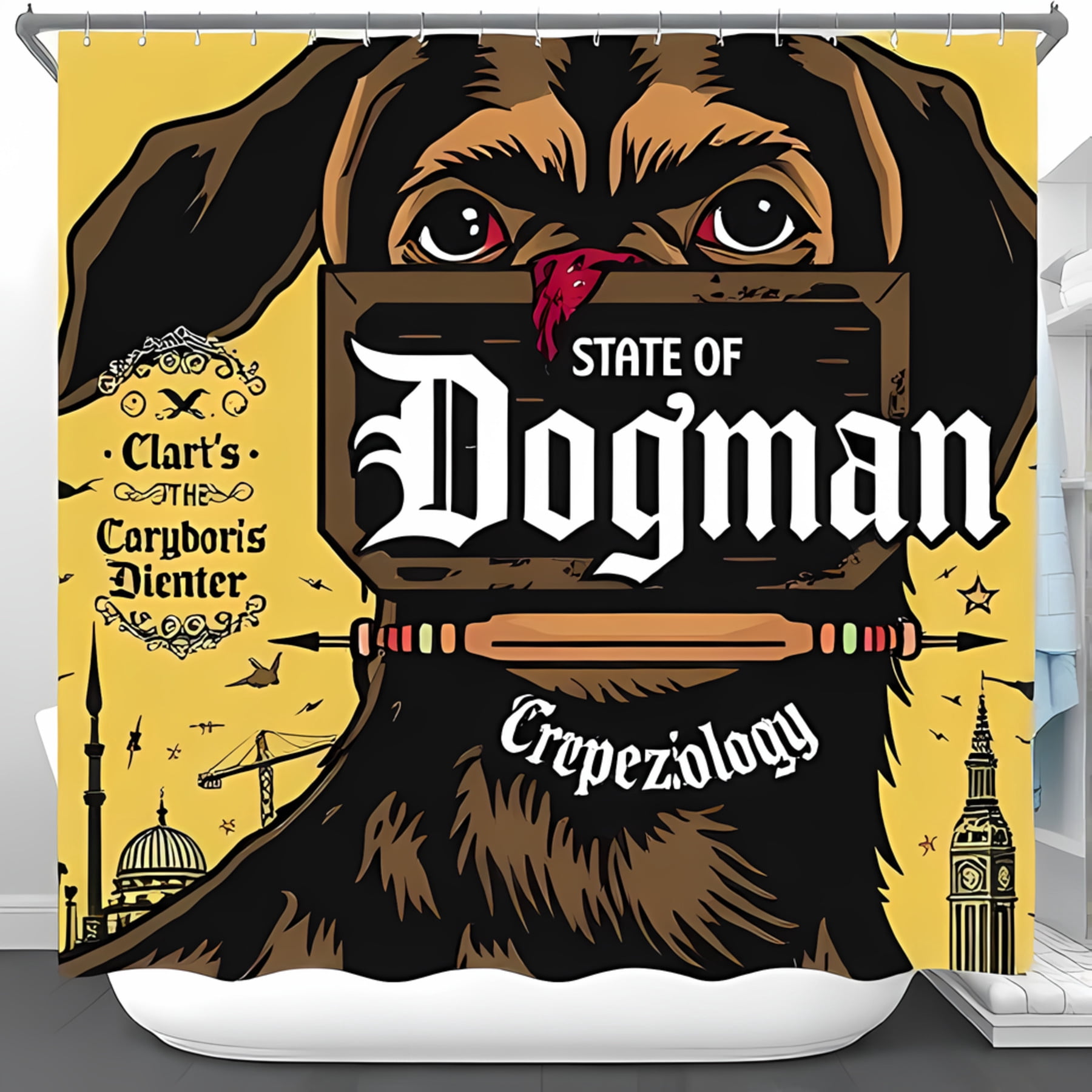 Vibrant Dogman Mythology Shower Curtain - Bold Design with Fierce Dog ...