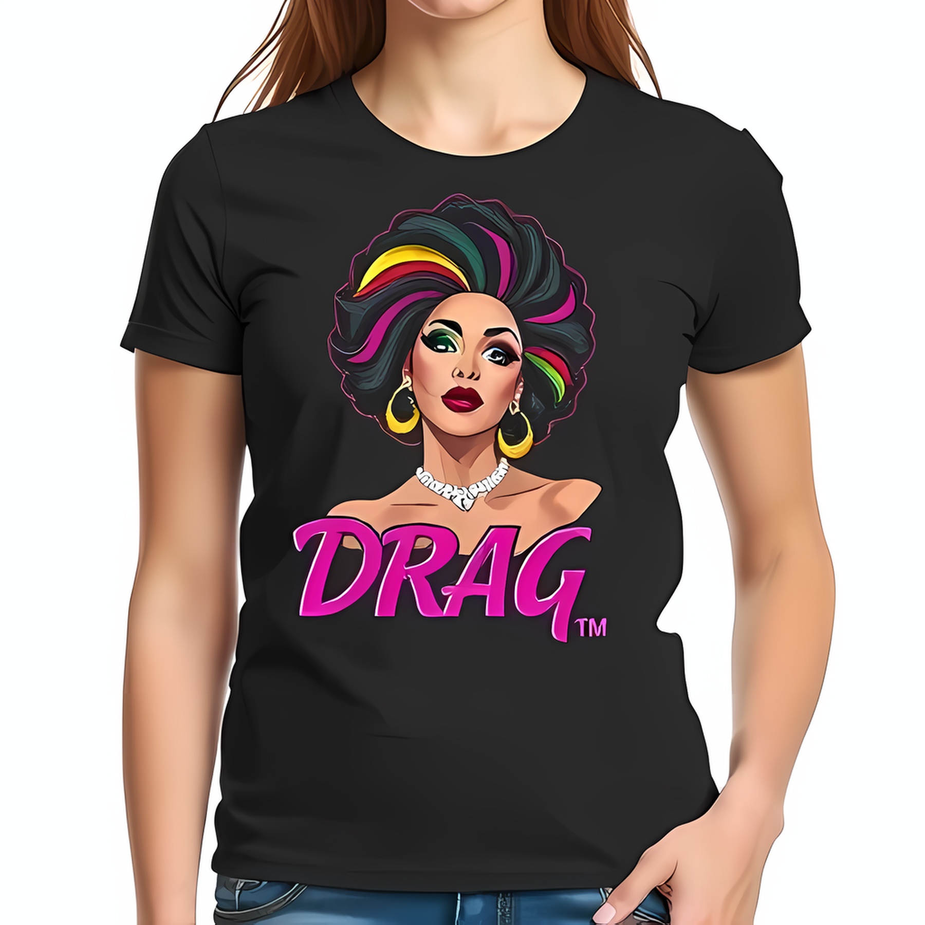 Vibrant Drag Queen Graphic T-Shirt - Confident Portrait with Bold 'DRAG ...