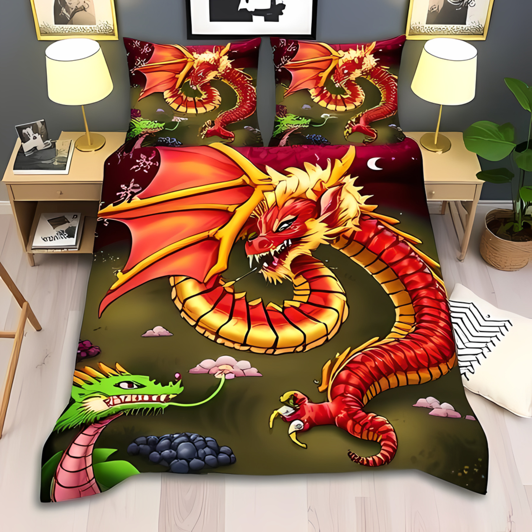 Vibrant Dragon Bedding Set Fiery Red & Golden Accents on Dark Green ...