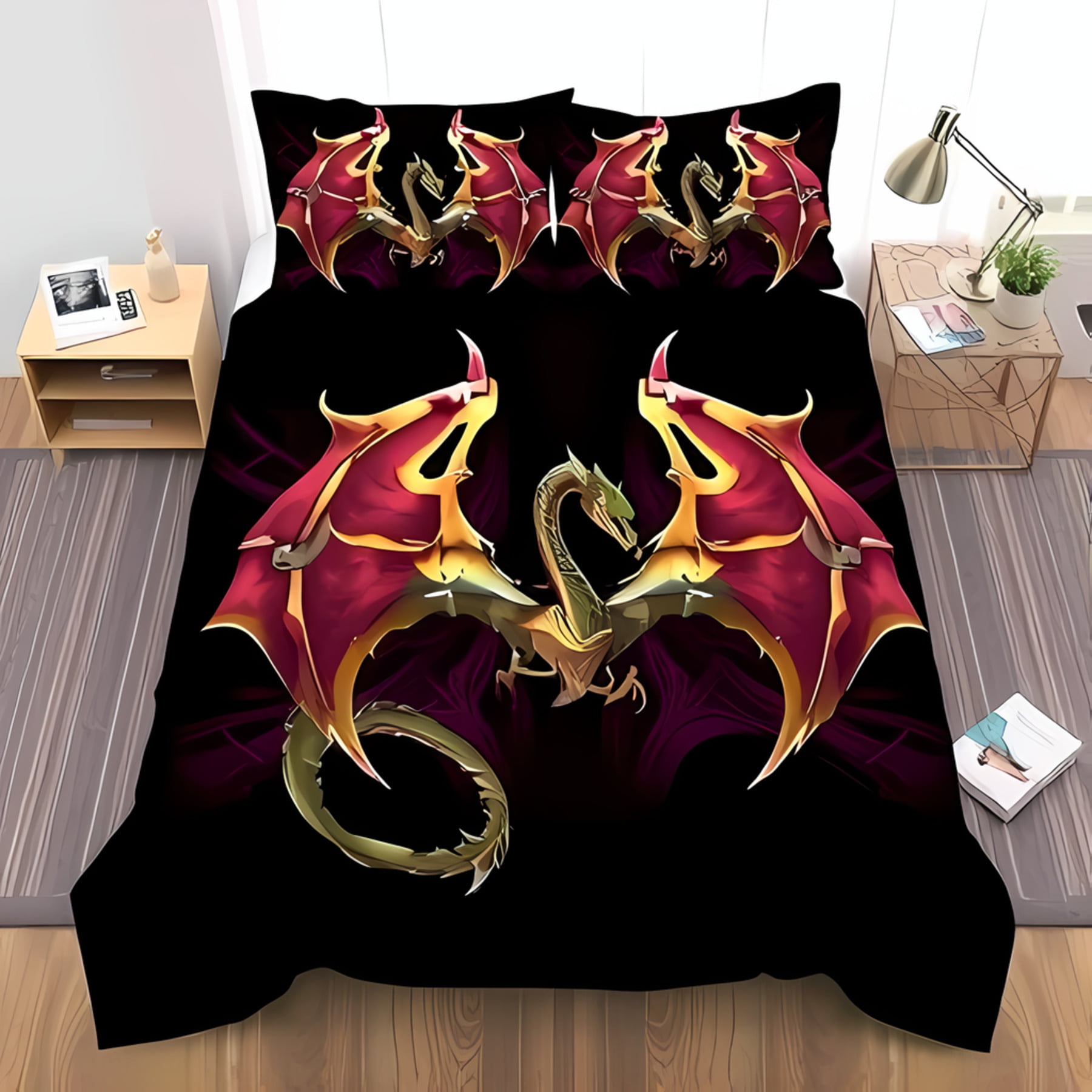 Vibrant Dragon Bedding Set Intricate Design with Fiery Red & Gold Wings ...
